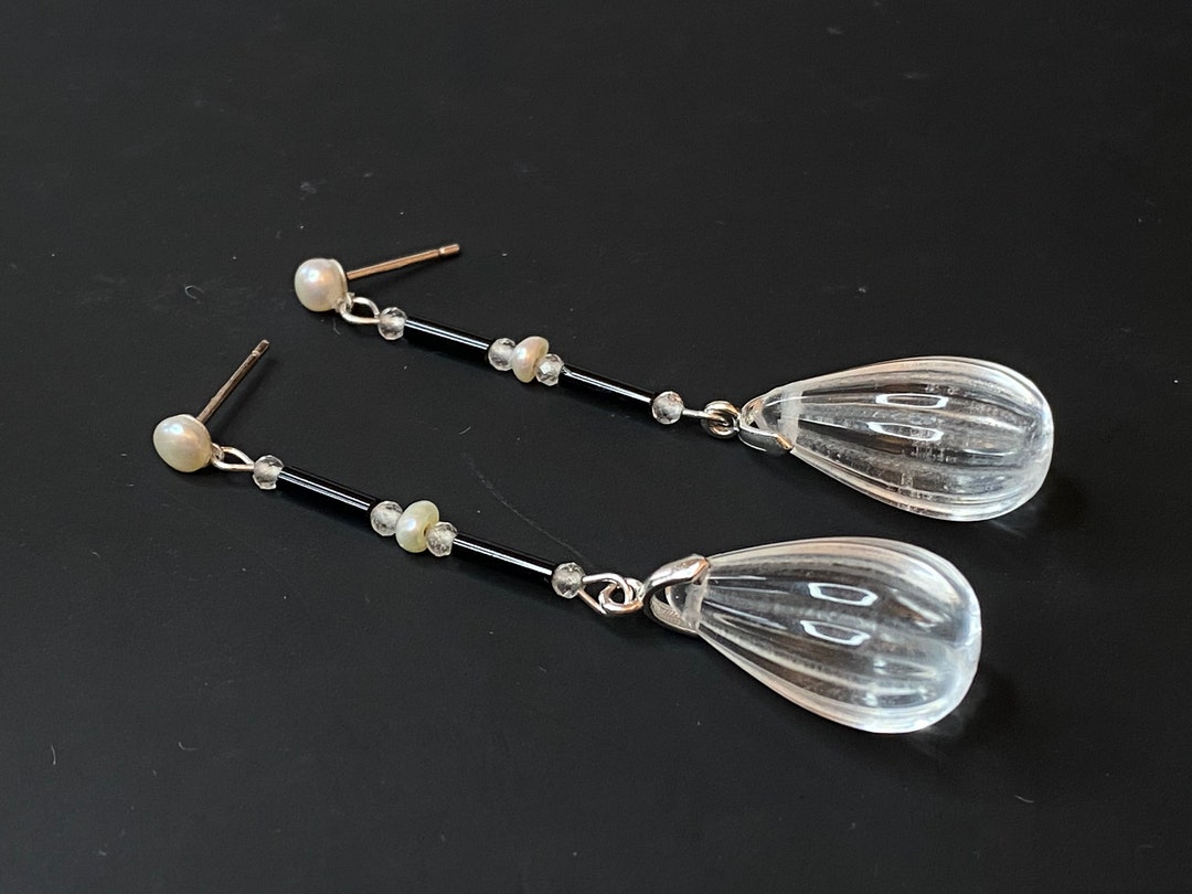 Art Deco Rock Crystal Drop Earrings, Sterling Silver, Pearl & Onyx - Etsy
