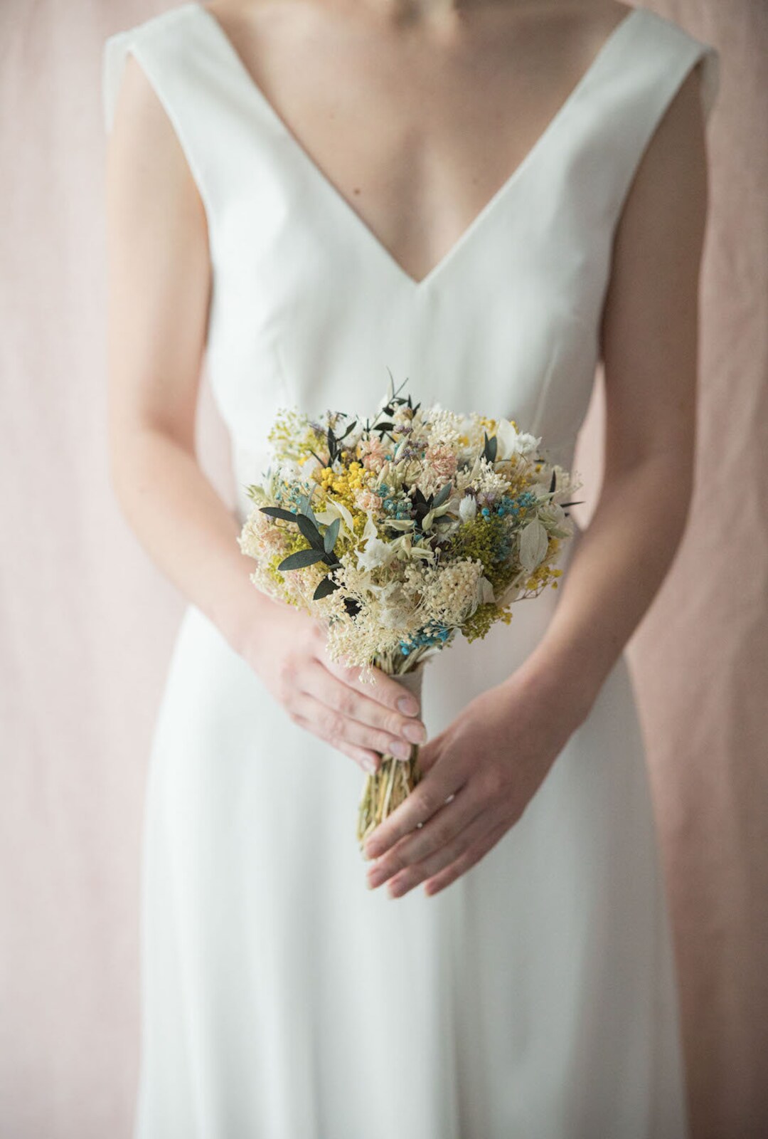 White Broom Bouquet, Mini Green Gypsophila, Yellow and Blue Oat Green ...