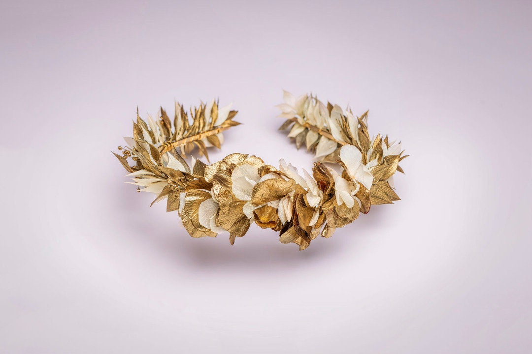 Crown of Stabilized Flowers, White and Gold Ruscus, Hydrangea Petals ...