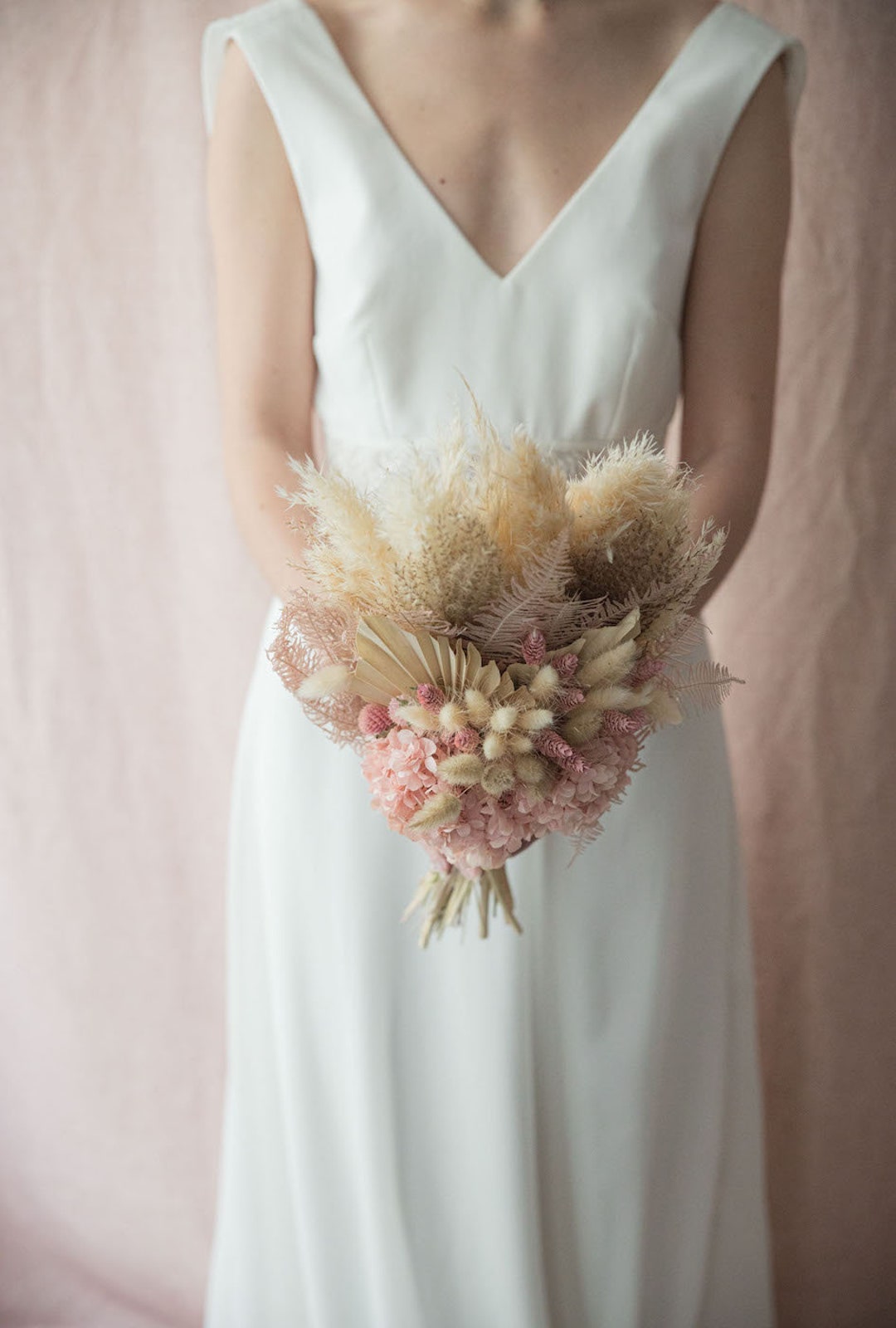 White Pampas Bouquet, Beige Miscanthus, Pink Fern, Preserved Hydrangea ...