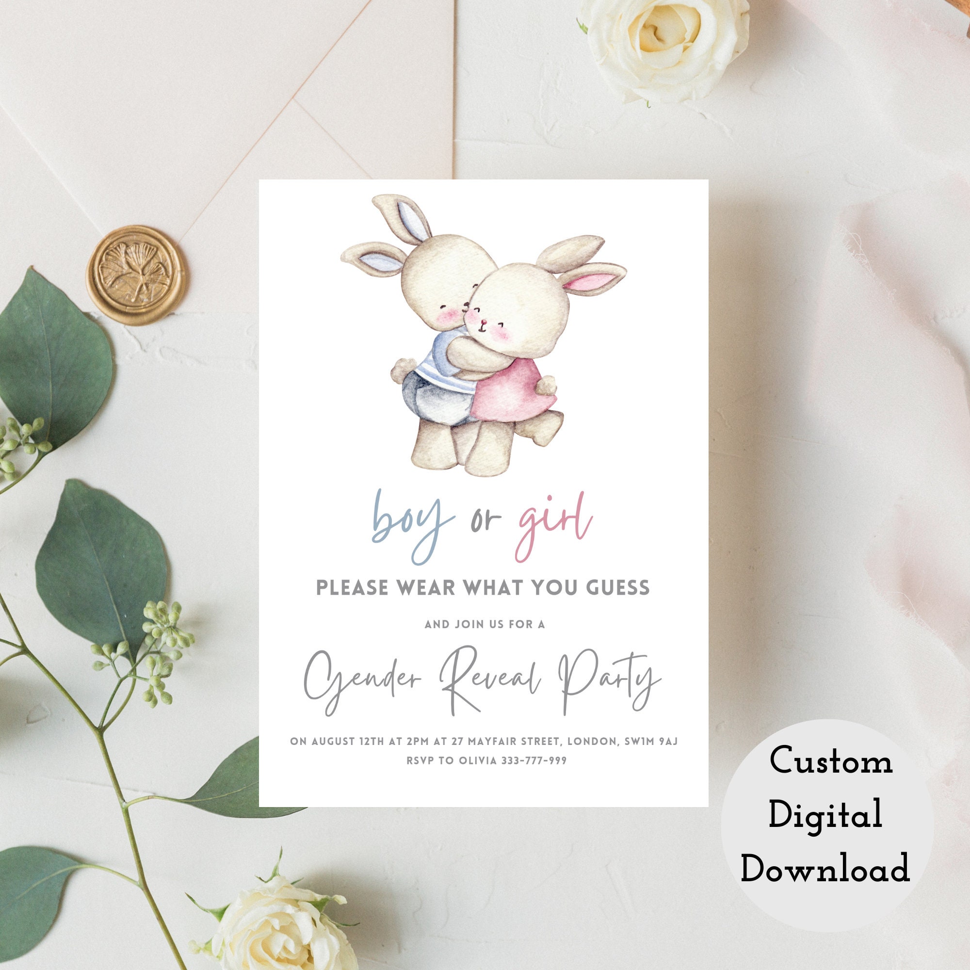 Digital Gender Reveal Party Invitation, Boy or Girl Bunny Printable ...