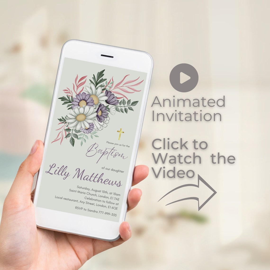 Baptism Animated Video Invitation Girls, Christening Floral Daisy ...