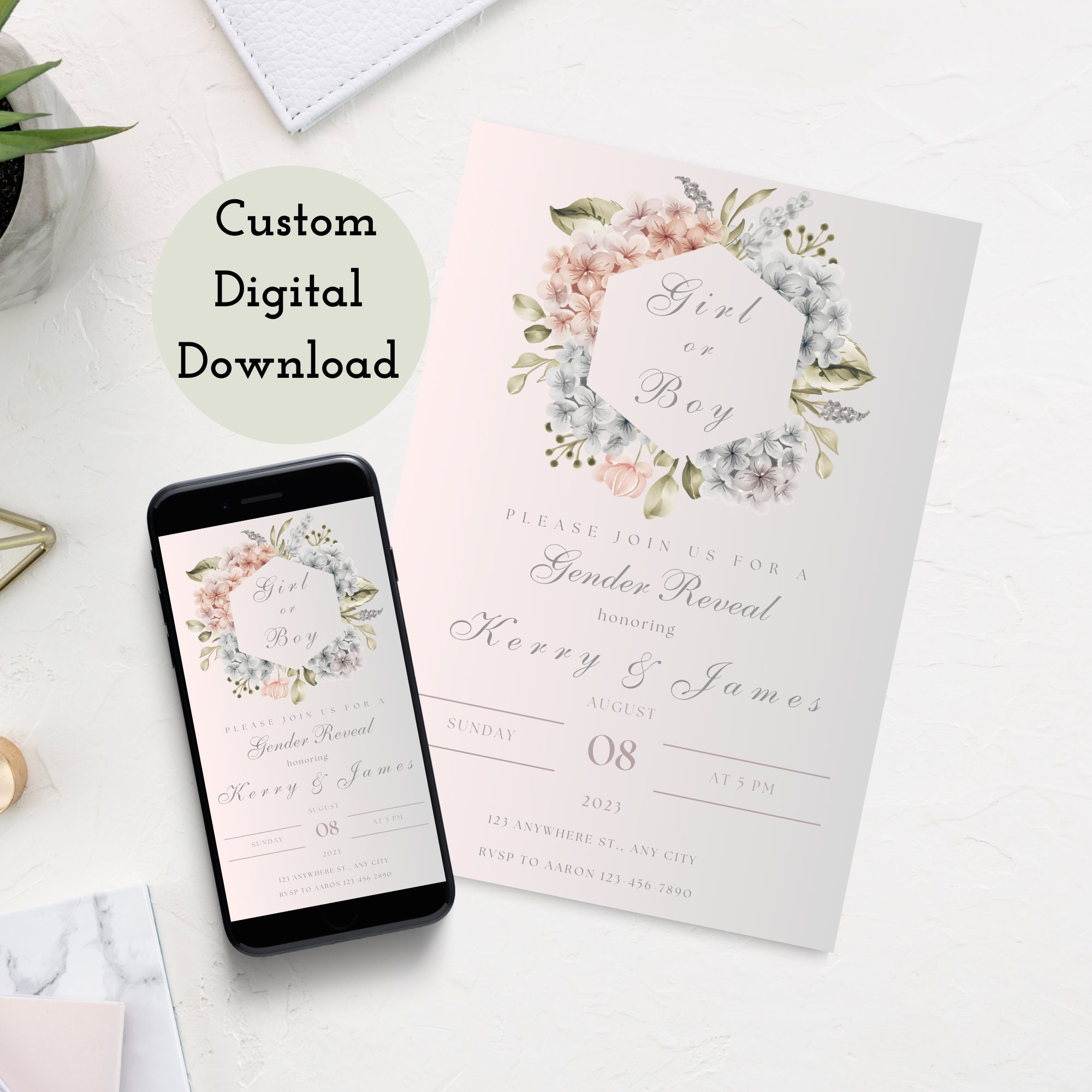 Custom Gender Reveal Invitation, Printable or Digital Floral Themed ...