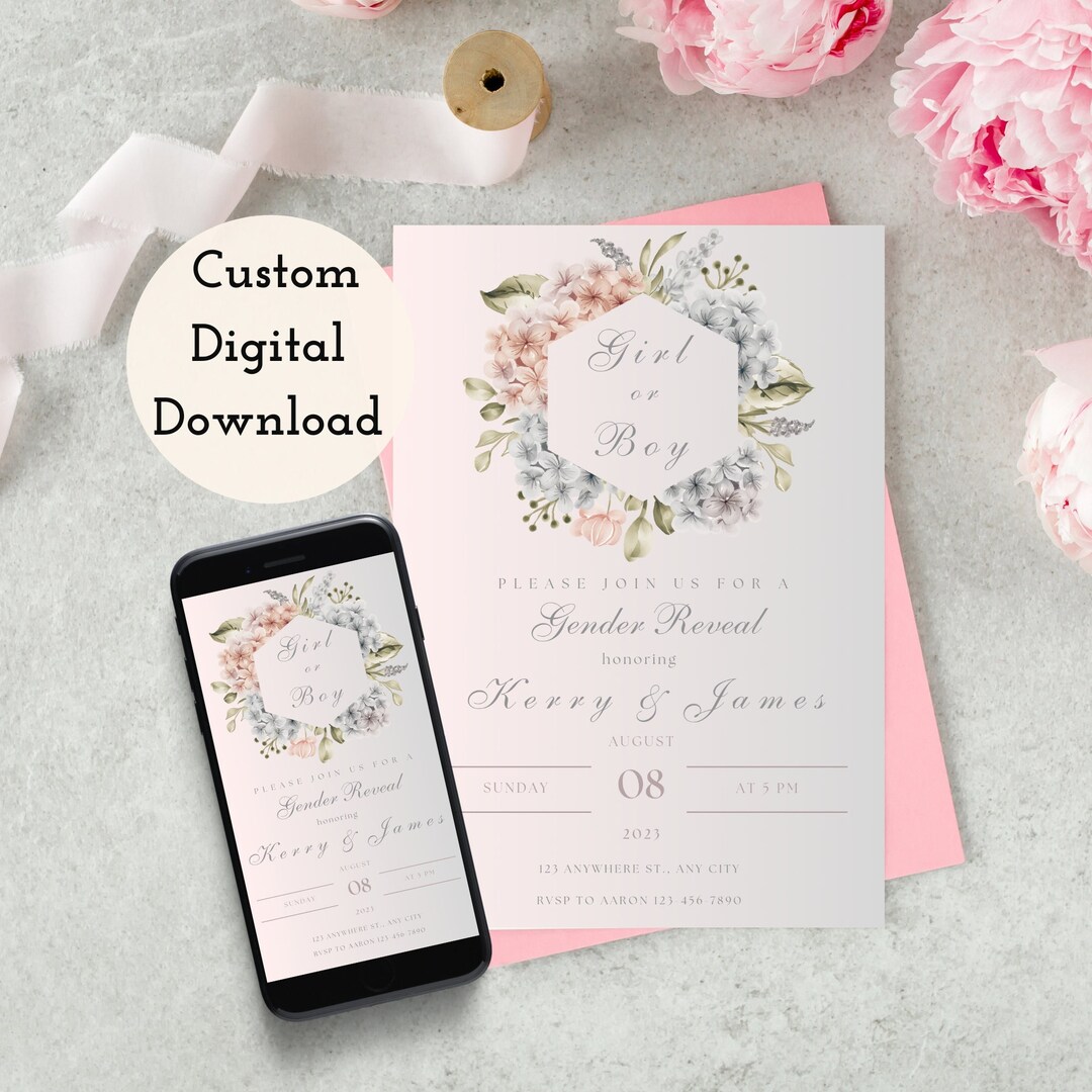 Custom Gender Reveal Invitation, Printable or Digital Floral Themed ...