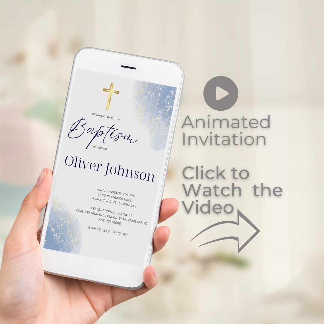 Animated Baptism Video Invitation, Digital Christening Golden Blue ...