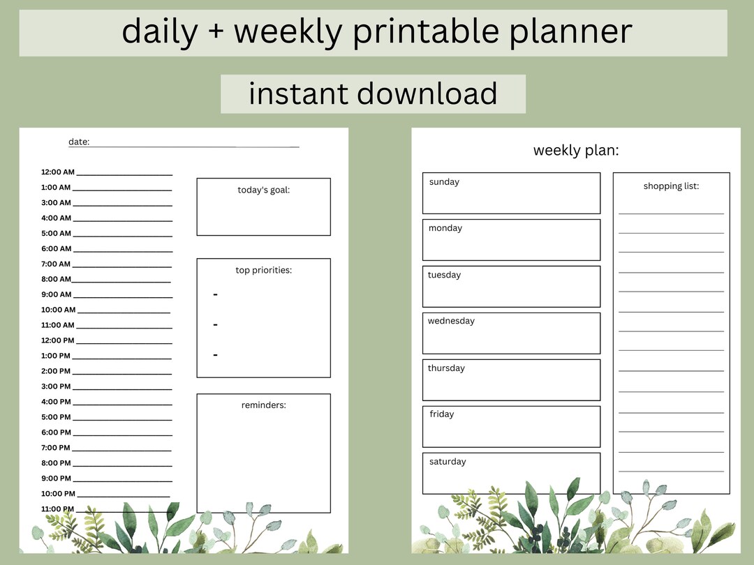 Daily Planner Printable Greenery Weekly Planner Printable Floral ...