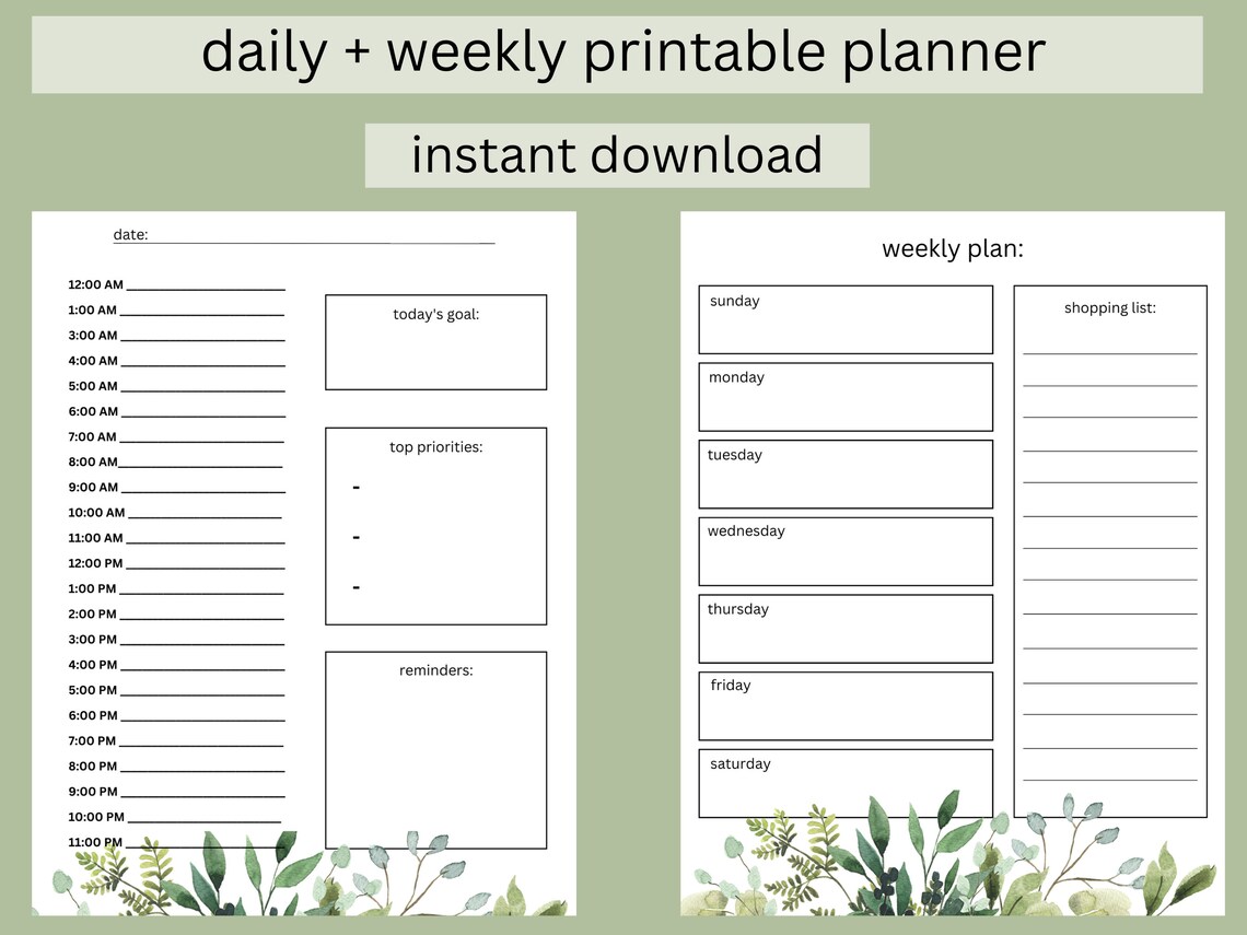 Daily Planner Printable Greenery | Weekly Planner Printable | Floral ...