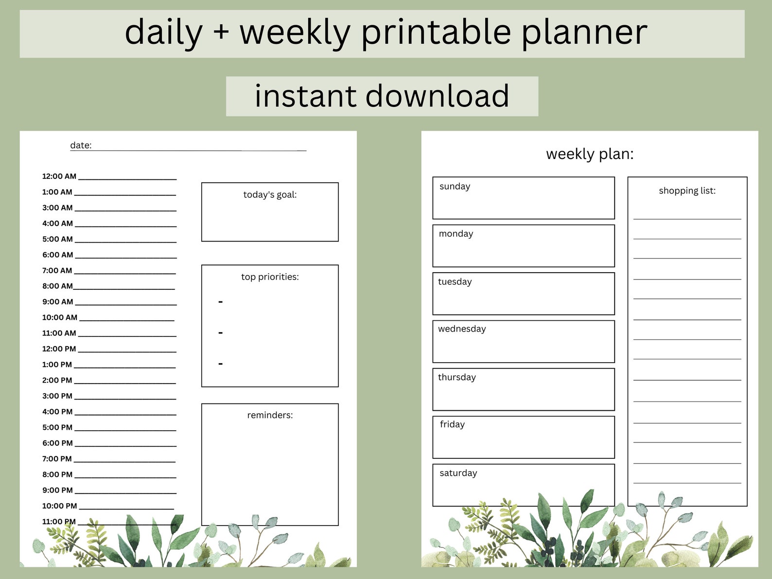 Daily Planner Printable Greenery | Weekly Planner Printable | Floral ...