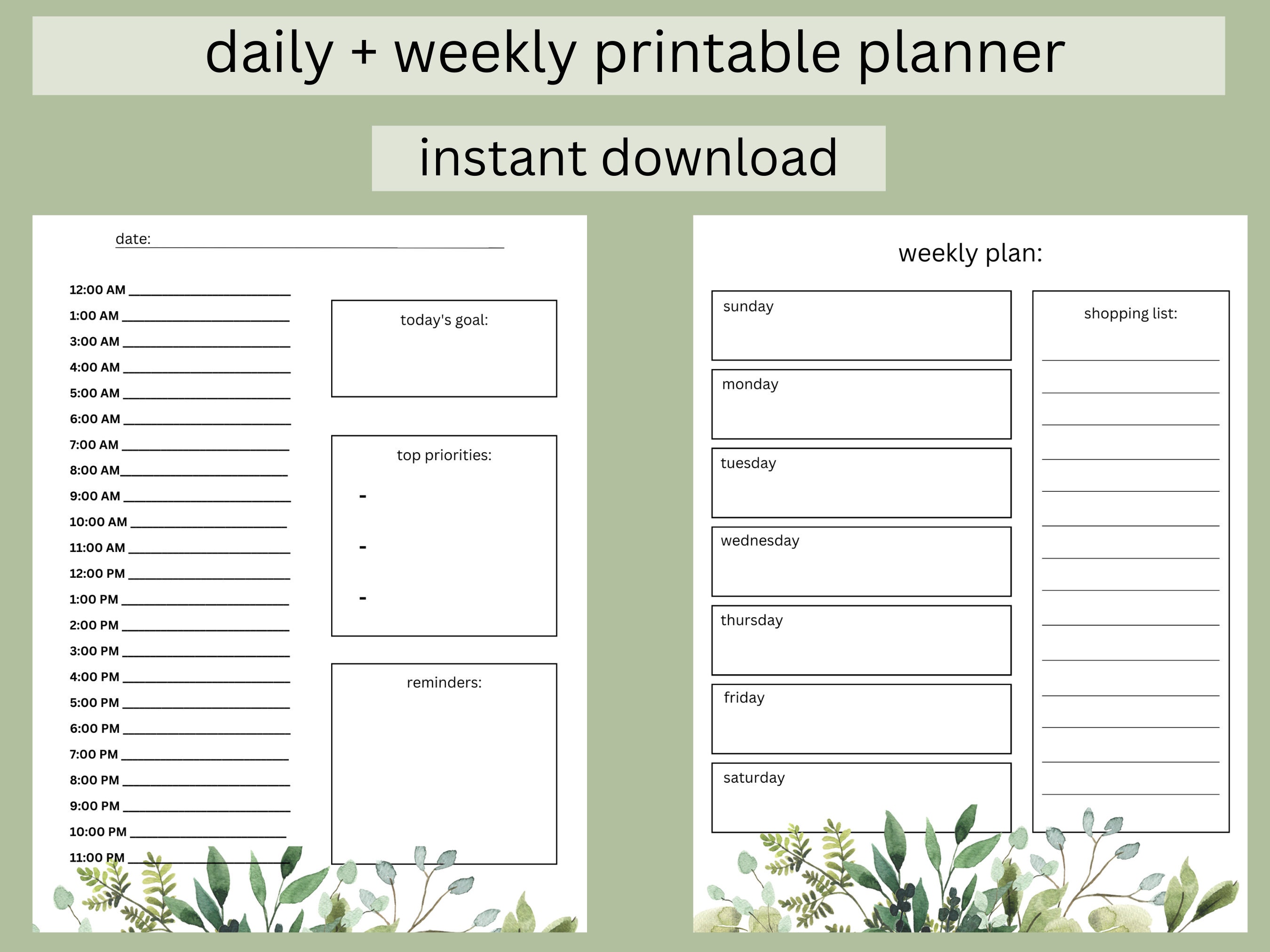 Daily Planner Printable Greenery Weekly Planner Printable Floral ...