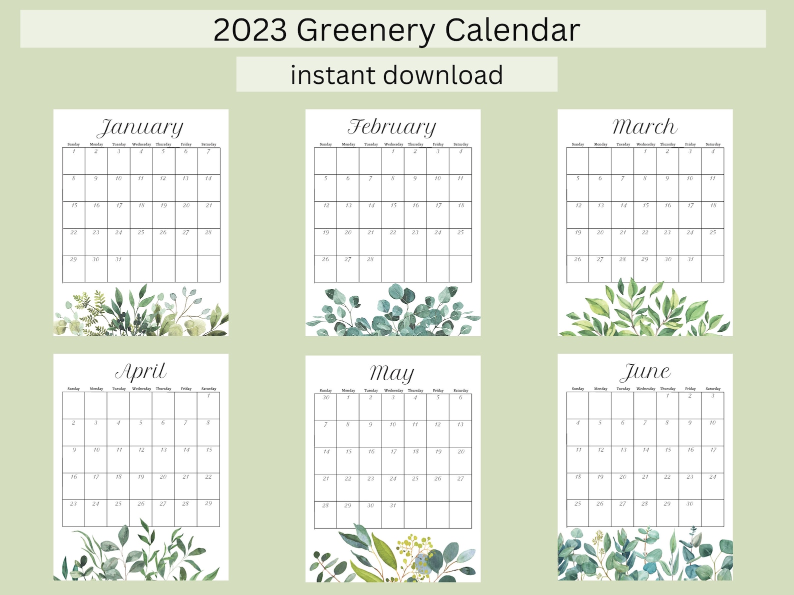 2023 Greenery Calendar | Yearly Calendar Printable | Greenery Printable ...