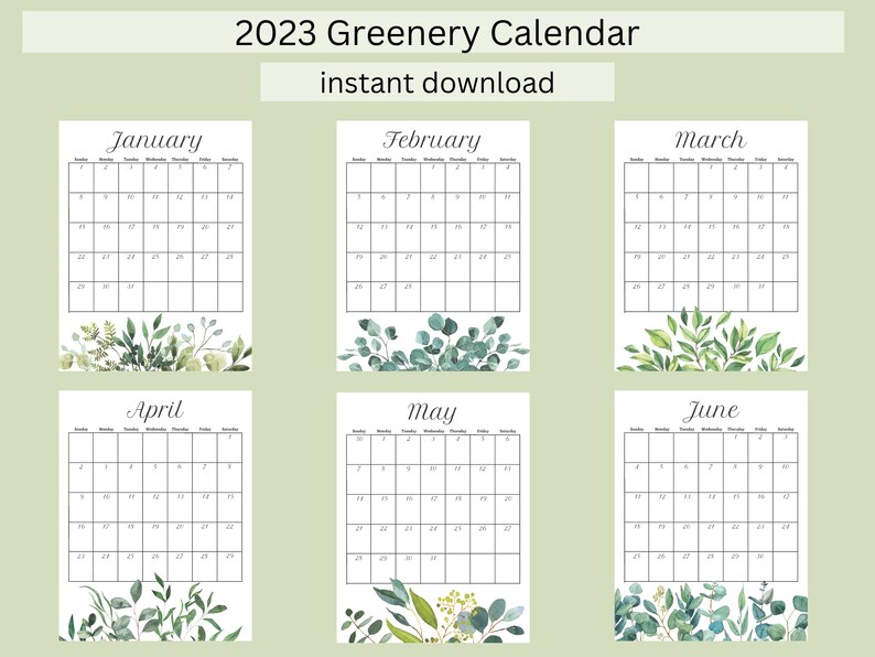 2023 Greenery Calendar | Yearly Calendar Printable | Greenery Printable ...