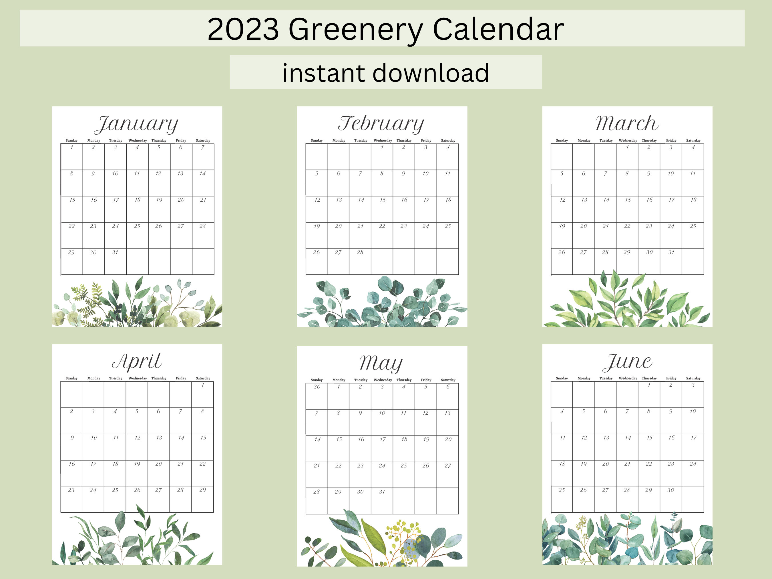 2023 Greenery Calendar | Yearly Calendar Printable | Greenery Printable ...