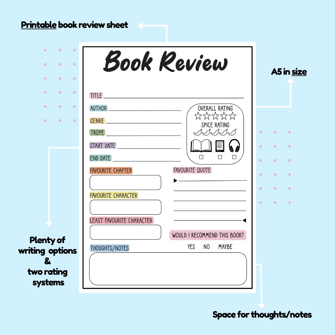 Printable A5 Book Review Sheet Coloured - Etsy