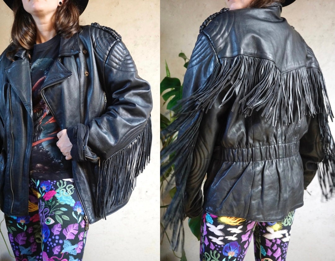 Vintage Leather Biker Jacket Fringe Motorcycle Jacket Unisex XL - Etsy
