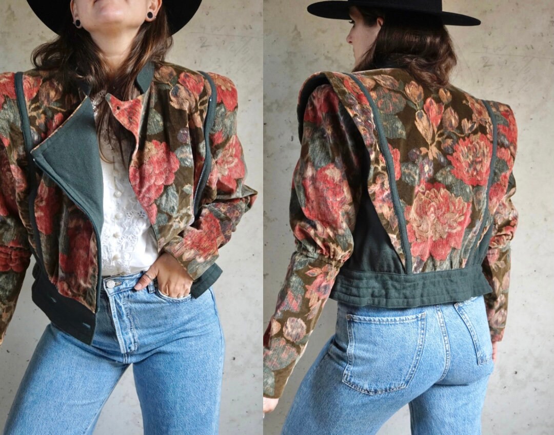 Vintage 80s Flower Jacket Funky Pattern Velvet and Cotton - Etsy