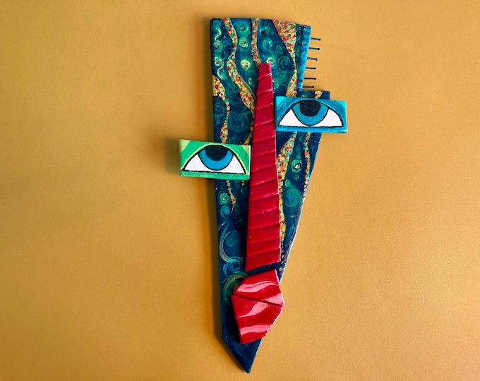 Abstract Cubism Wall Mask, Colorful Living-room Decor, Handmade Clay ...