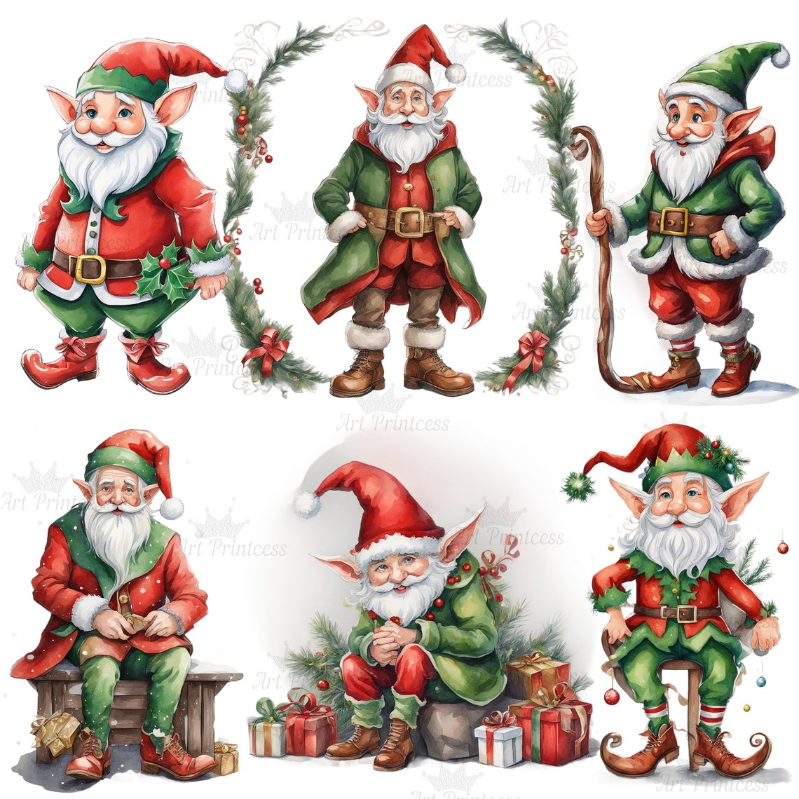 Old Christmas Elves Clipart PNG Watercolor Christmas Elfs PNG Old ...