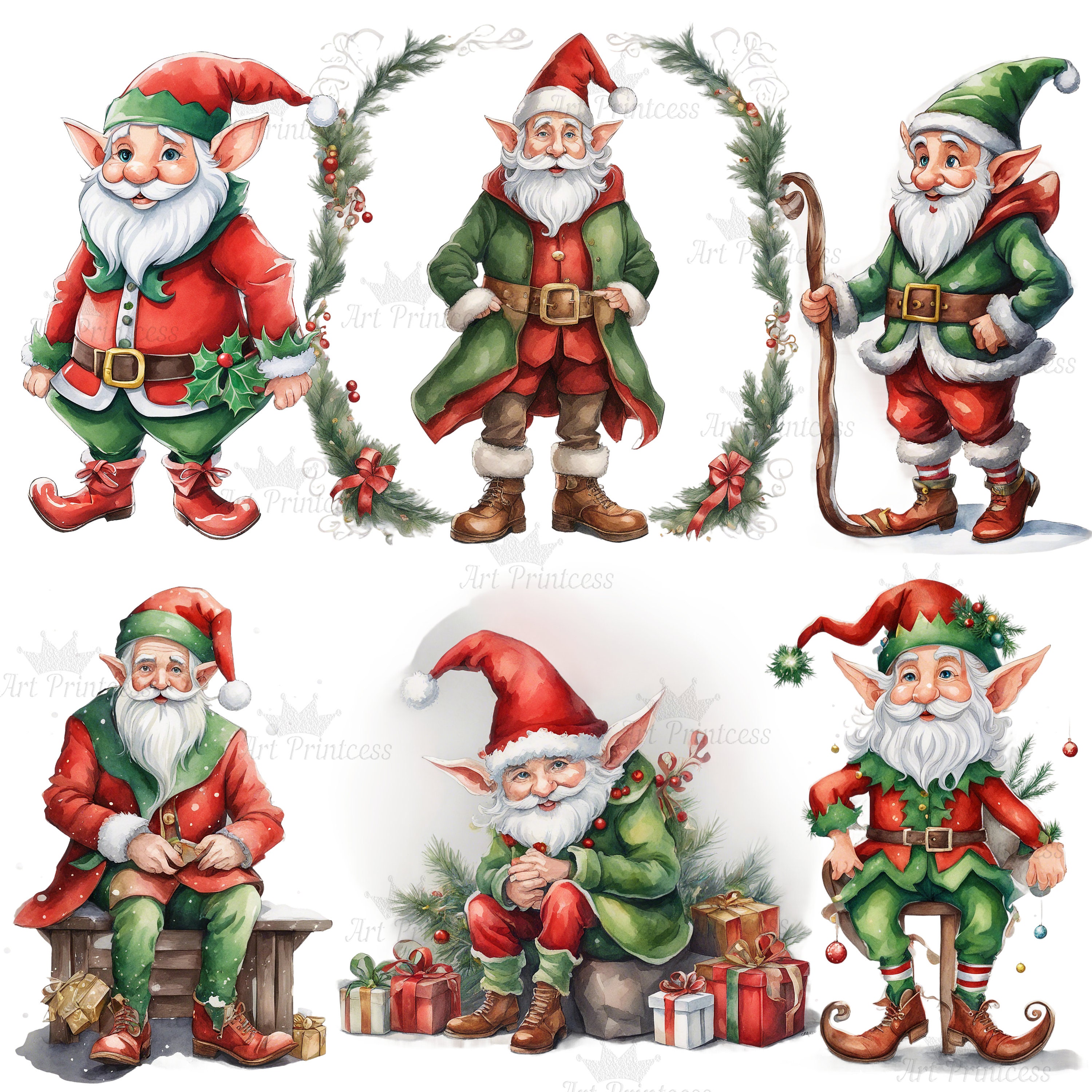 Old Christmas Elves Clipart PNG Watercolor Christmas Elfs PNG Old ...