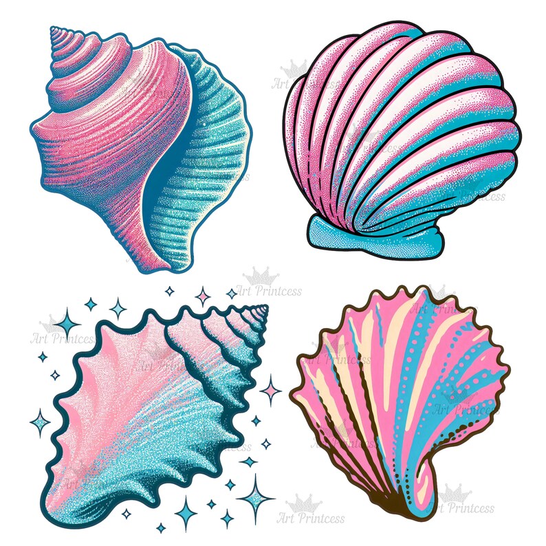 Preppy Seashell Watercolor Clipart PNG Pastel Tropical Glitter Seashell ...
