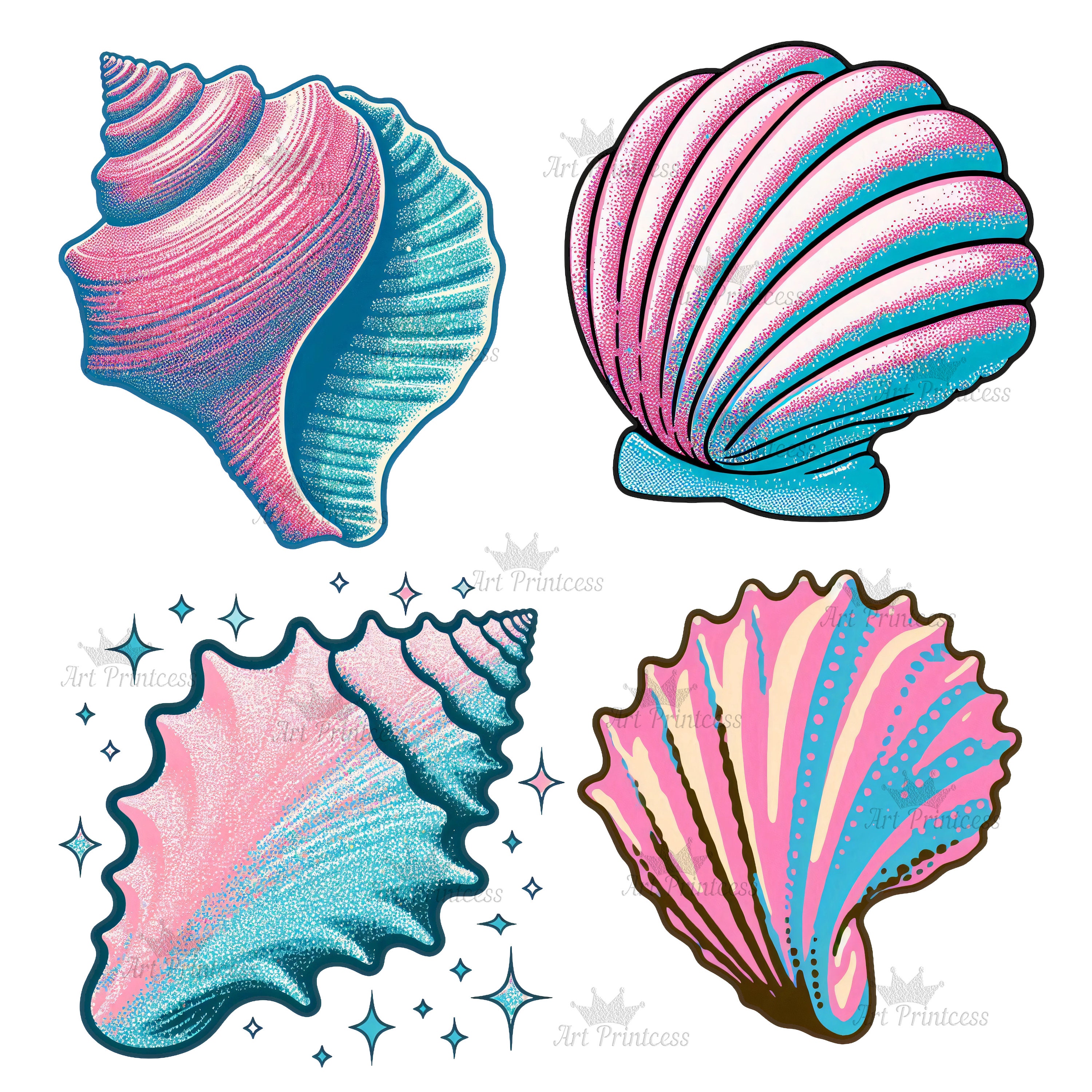 Preppy Seashell Watercolor Clipart PNG Pastel Tropical Glitter Seashell ...