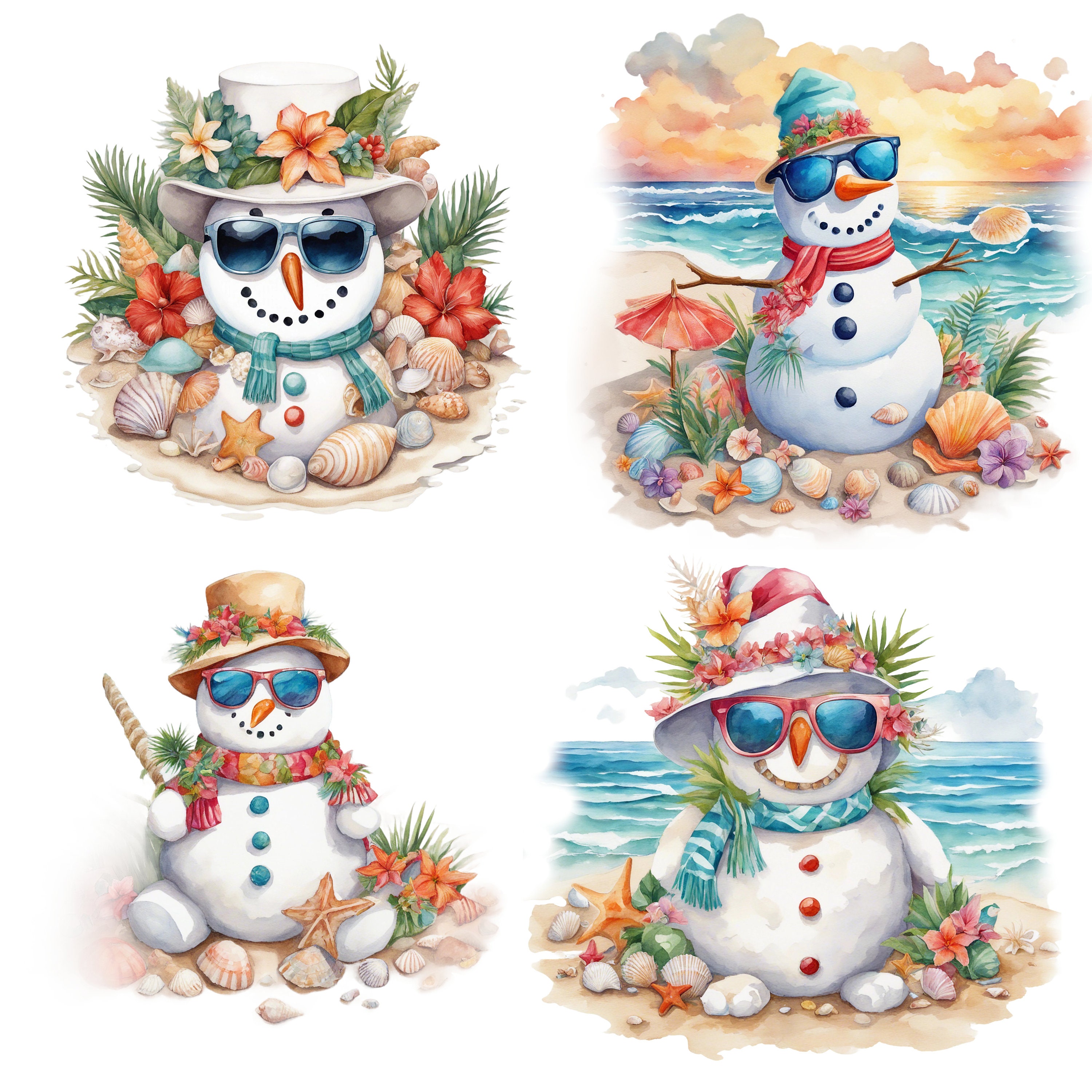 Coastal Tropical Watercolor Snowman Clipart PNG Tropical Winter ...
