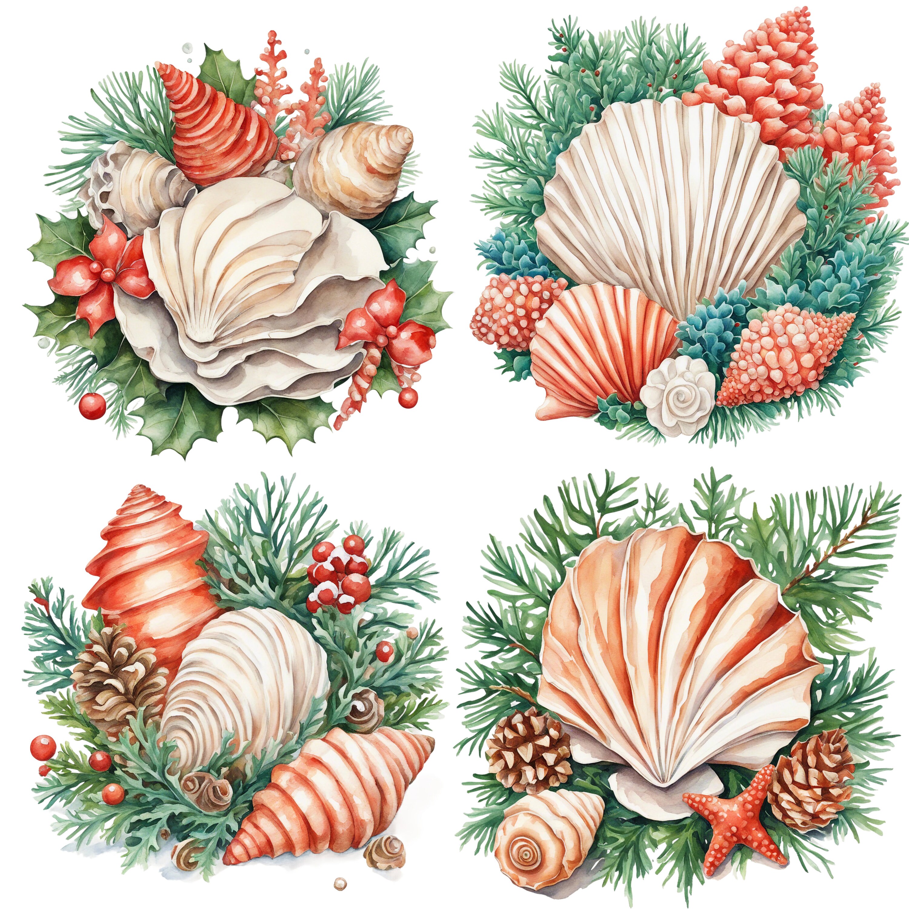 Coastal Christmas Seashells 35 Clipart PNG Watercolor Tropical Beach ...