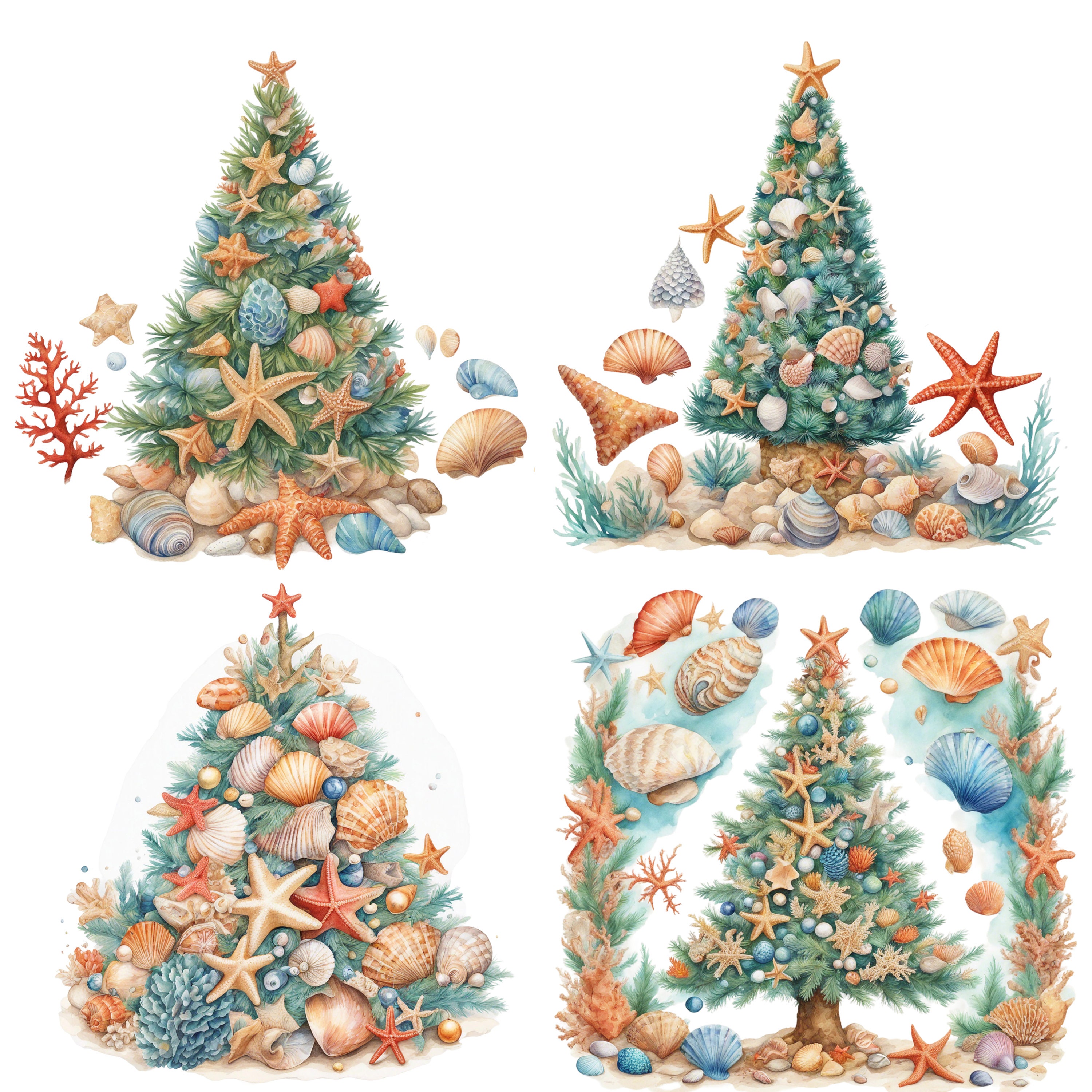 Coastal Christmas Tree Watercolor Clipart PNG Beach Christmas Tree ...