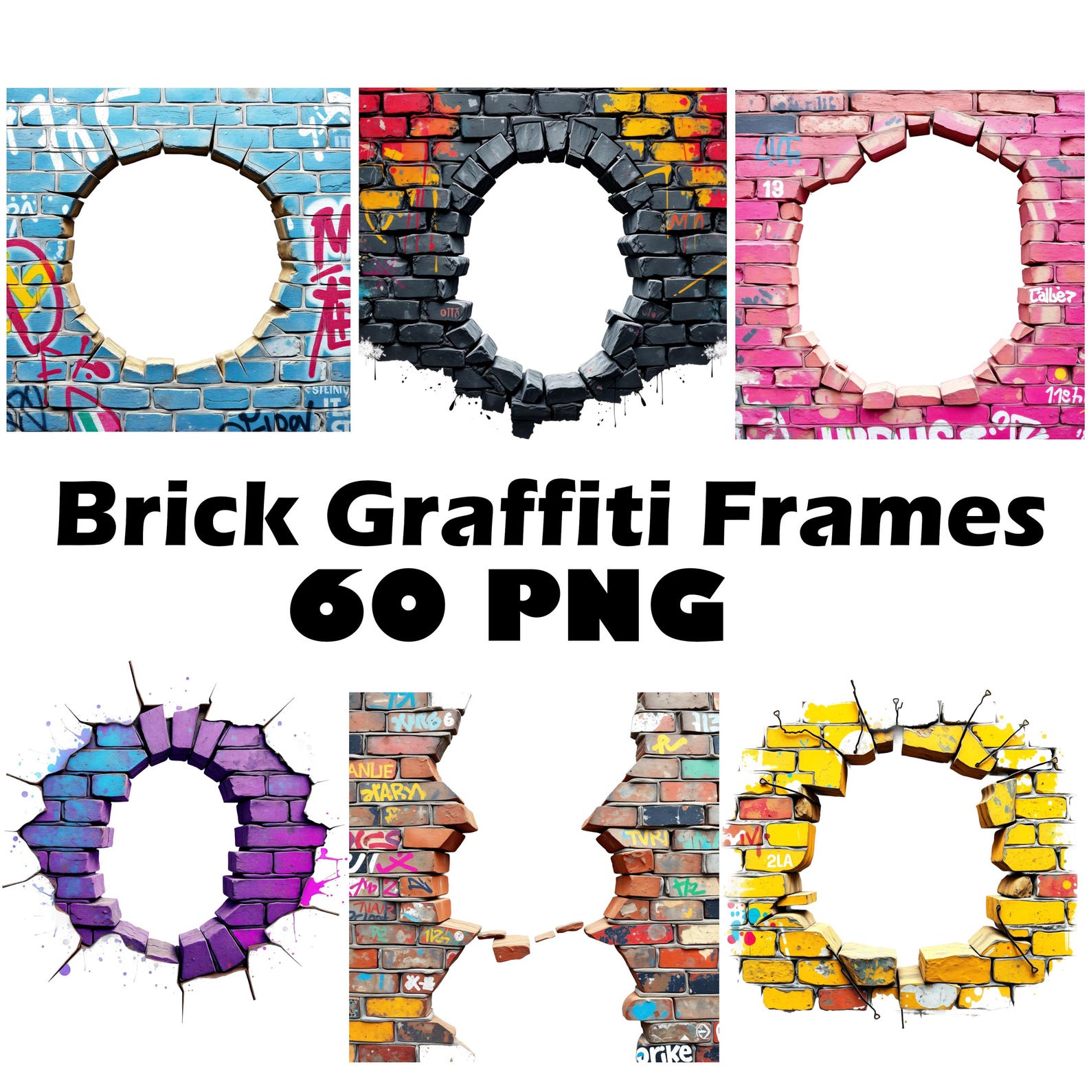 Grunge Brick Graffiti Frame Clipart: Urban Overlay (PNG Digital ...