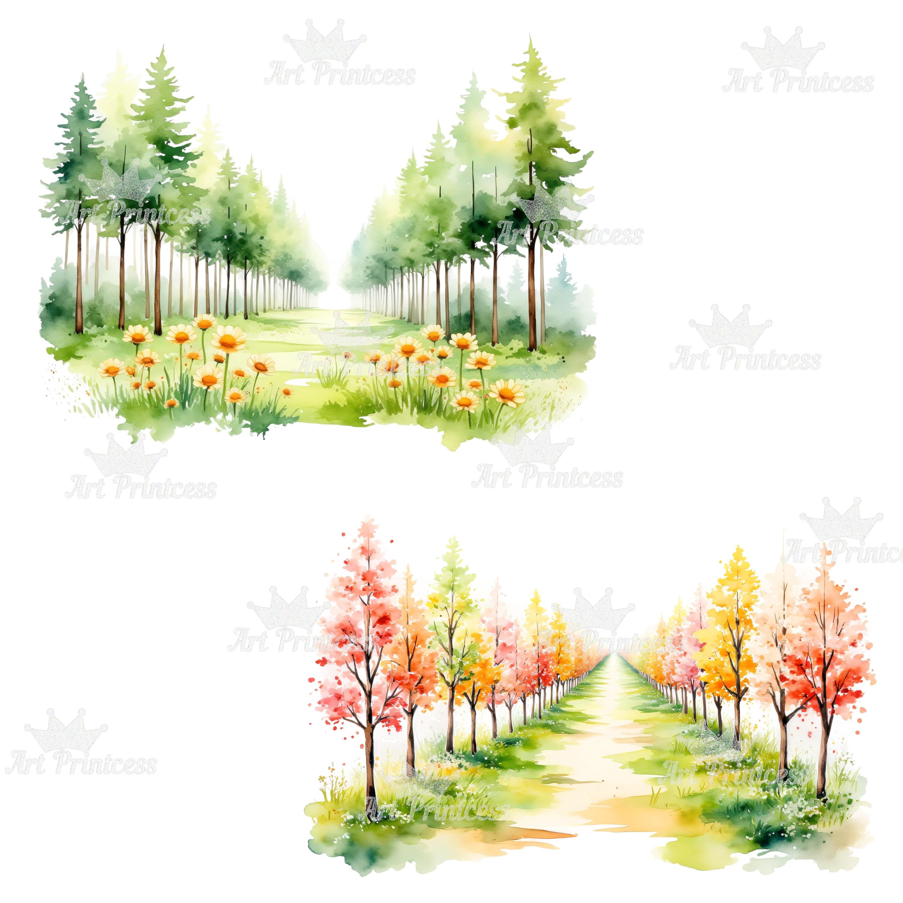 Watercolor Forest Path Clipart: Woodland Landscape Graphics (digital ...
