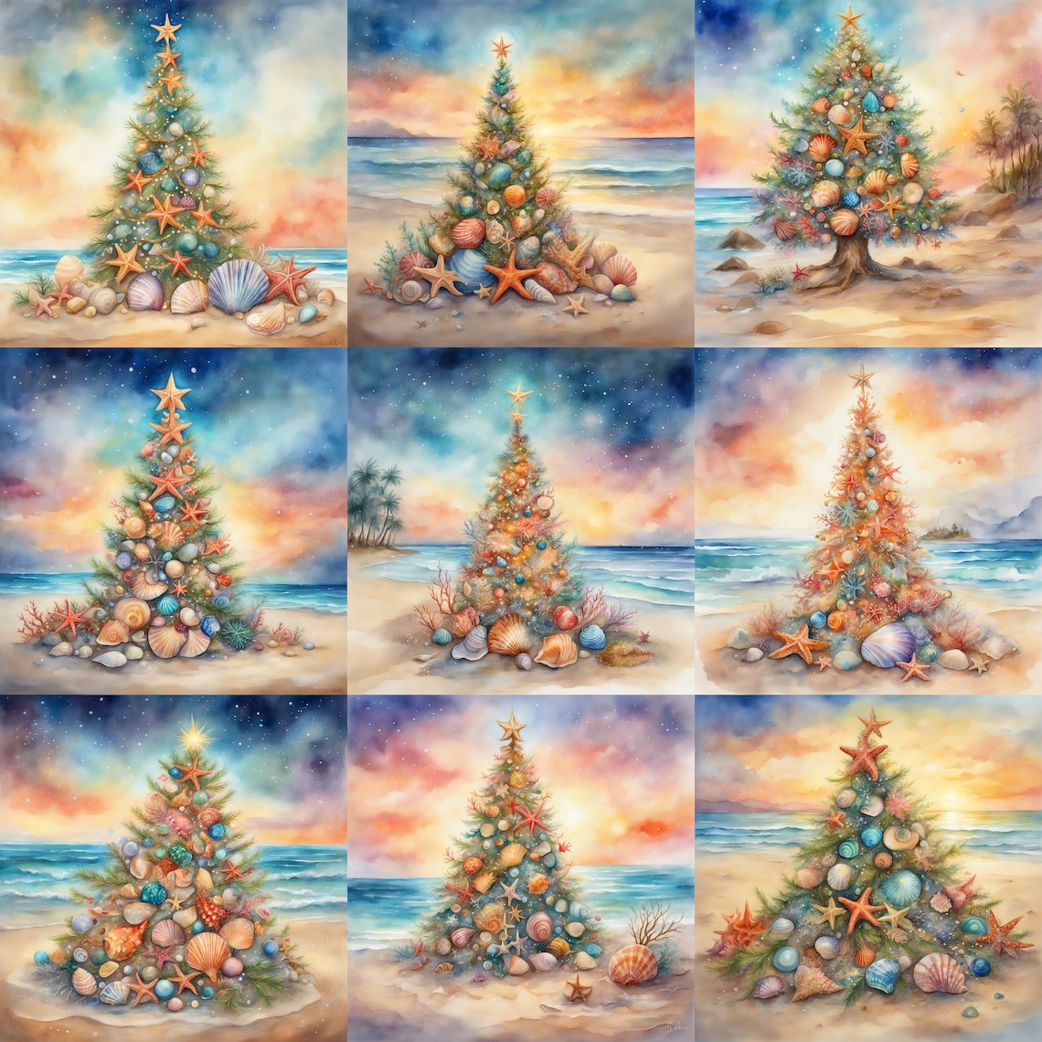 Christmas on the Beach Watercolor Clipart Coastal Christmas Digital ...