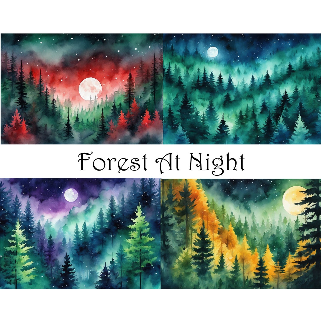 Forest at Night Watercolor Clipart Forest at Moonlight Whimsical Forest ...