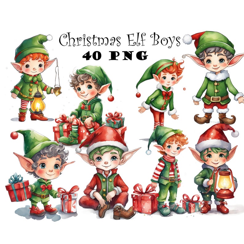 Christmas Elf Boys Clipart PNG Watercolor Christmas Elves Boys Graphics ...