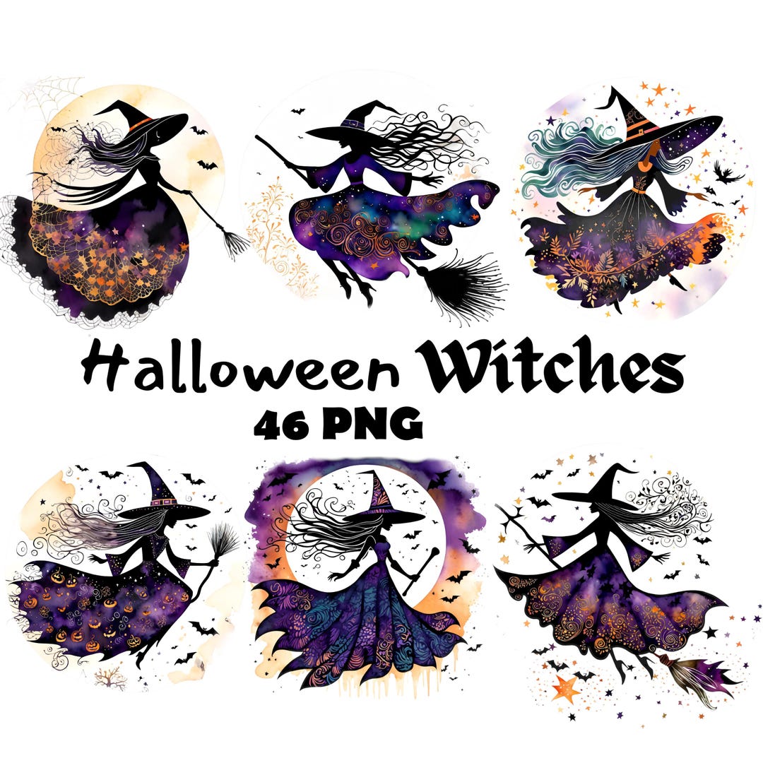 50 Tropical Watercolor Floral Halloween Witch Clipart Bundle Digital ...