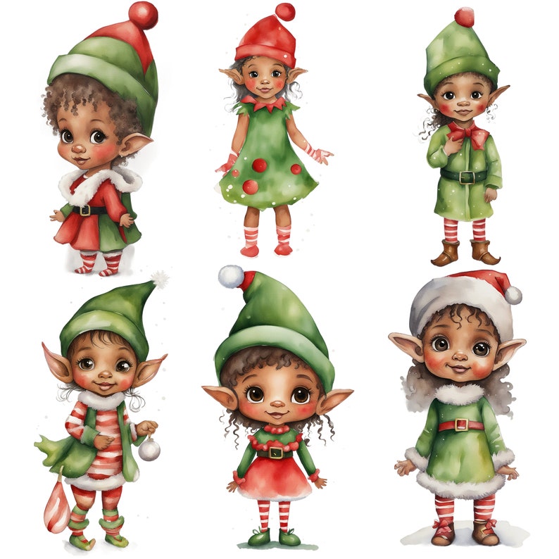 Afro American Elf Clipart PNG Dark Skin Christmas Elves Digital ...