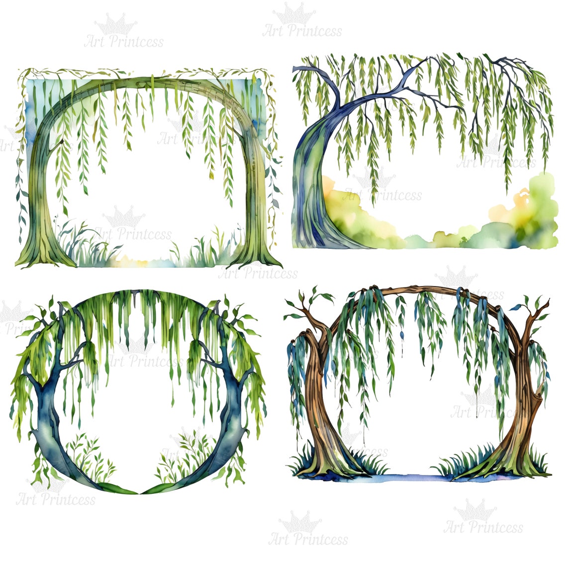 Weeping Willow Tree Border Frame Transparent Background Clipart Bundle ...