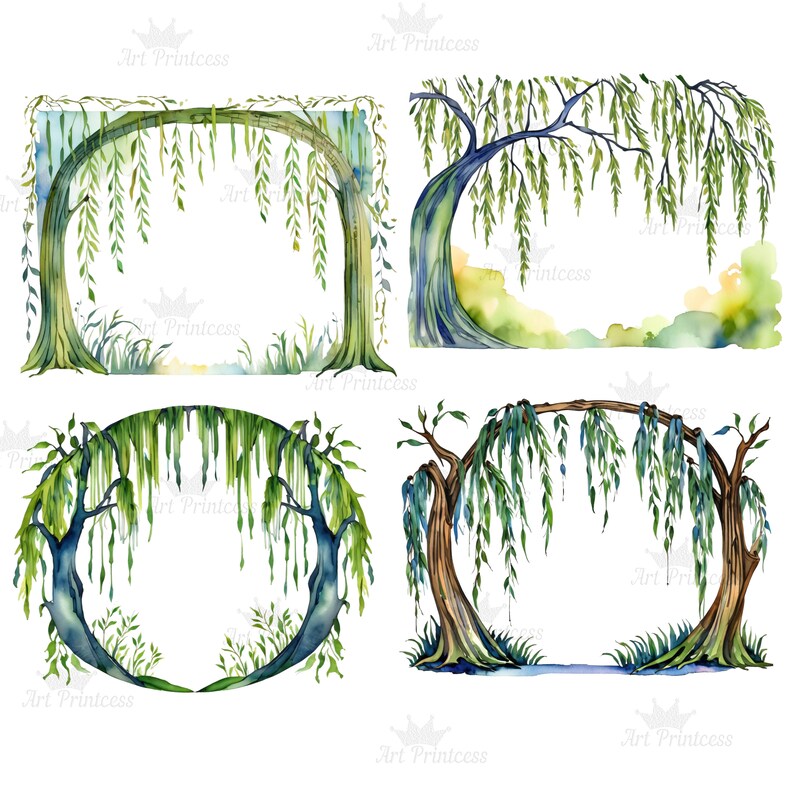 Weeping Willow Tree Border Frame Transparent Background Clipart Bundle ...
