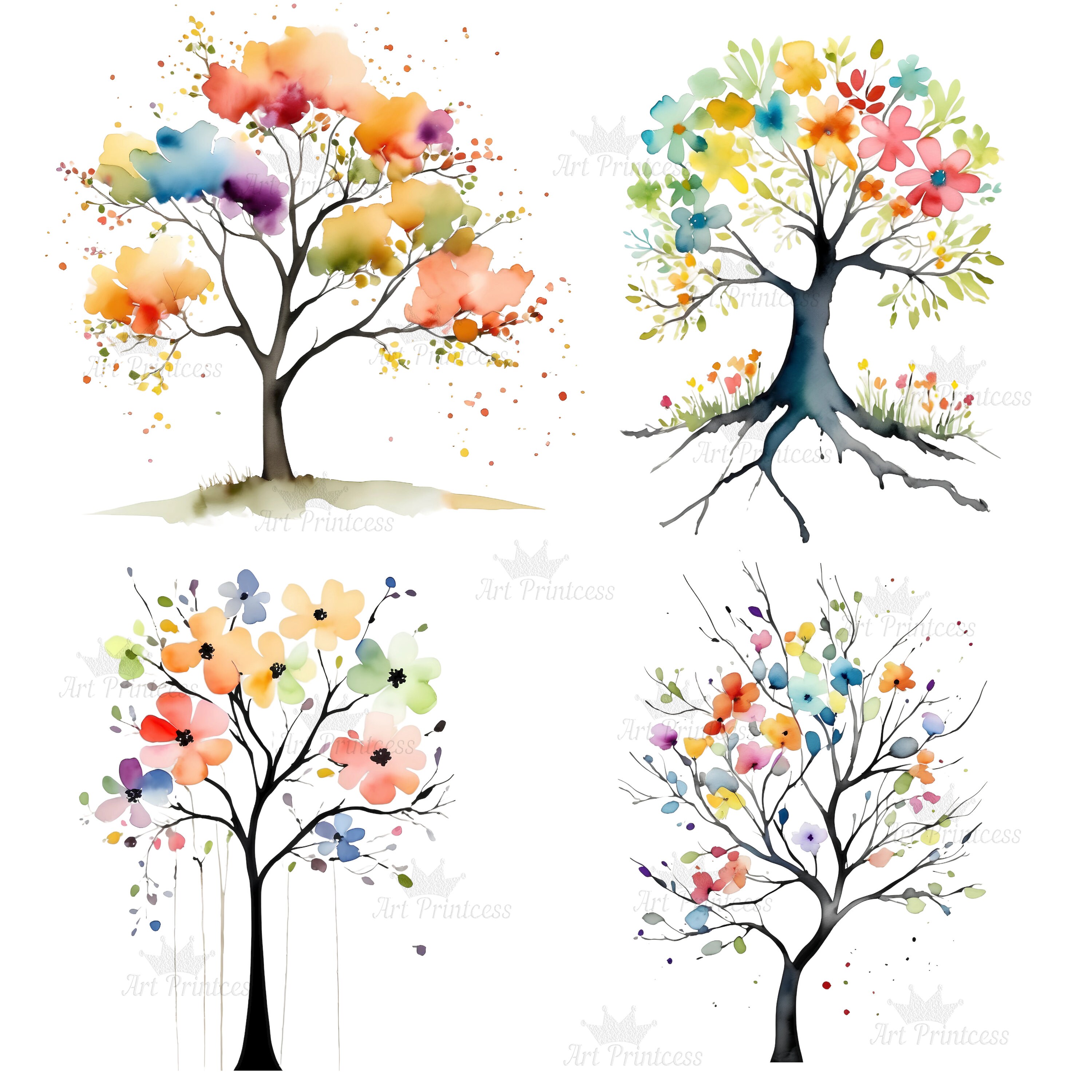Watercolor Tree Clipart 40 Colorful Tree Pngs Abstract Floral Tree ...