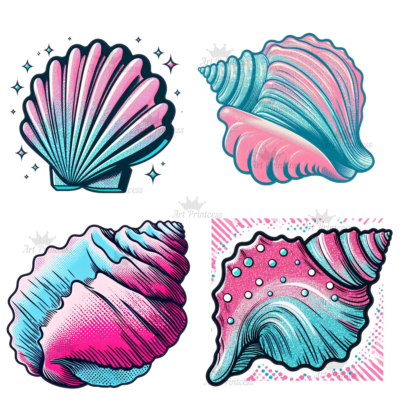 Preppy Seashell Watercolor Clipart PNG Pastel Tropical Glitter Seashell ...