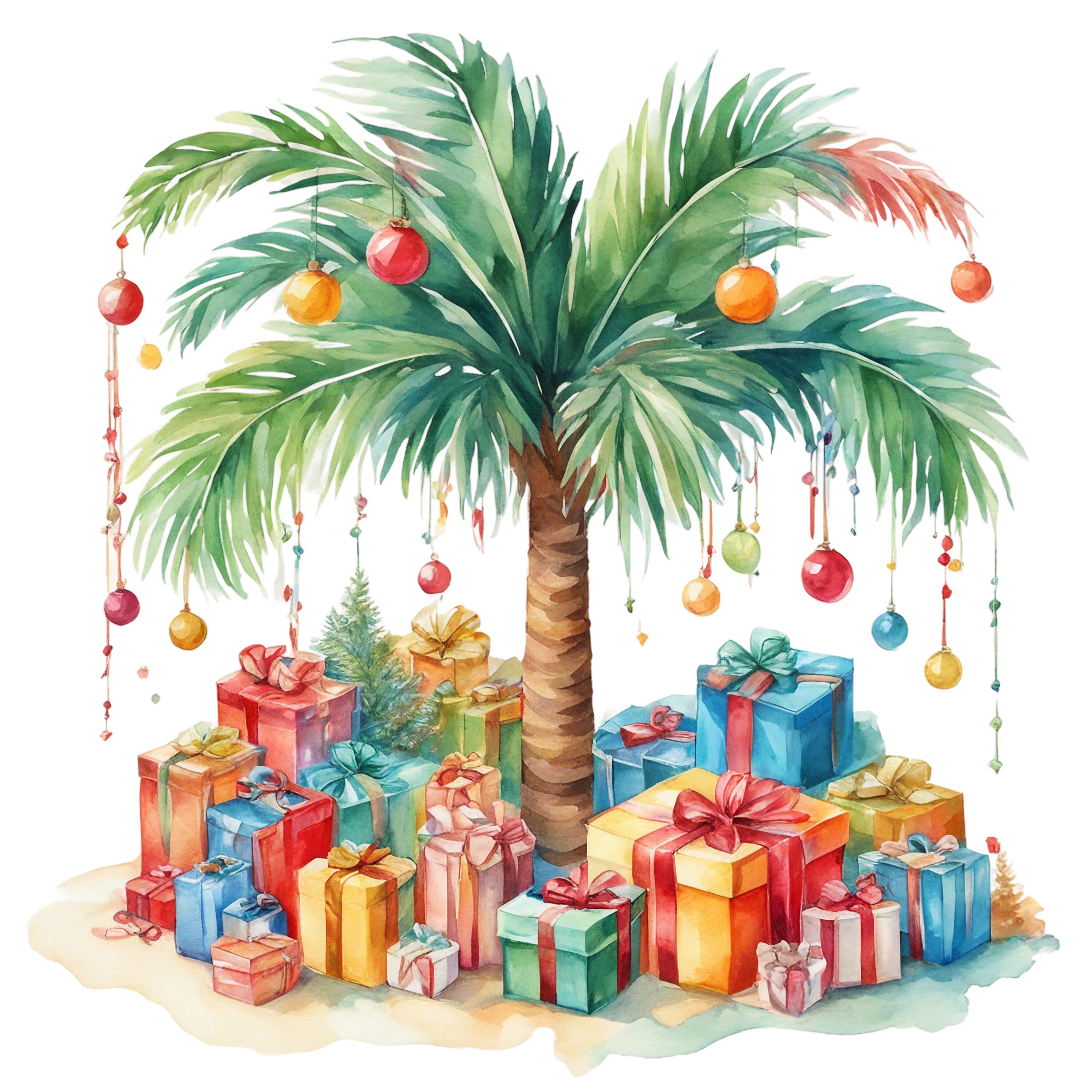 Tropical Christmas Watercolor Palm Tree Clipart PNG Palm Tree Beach ...