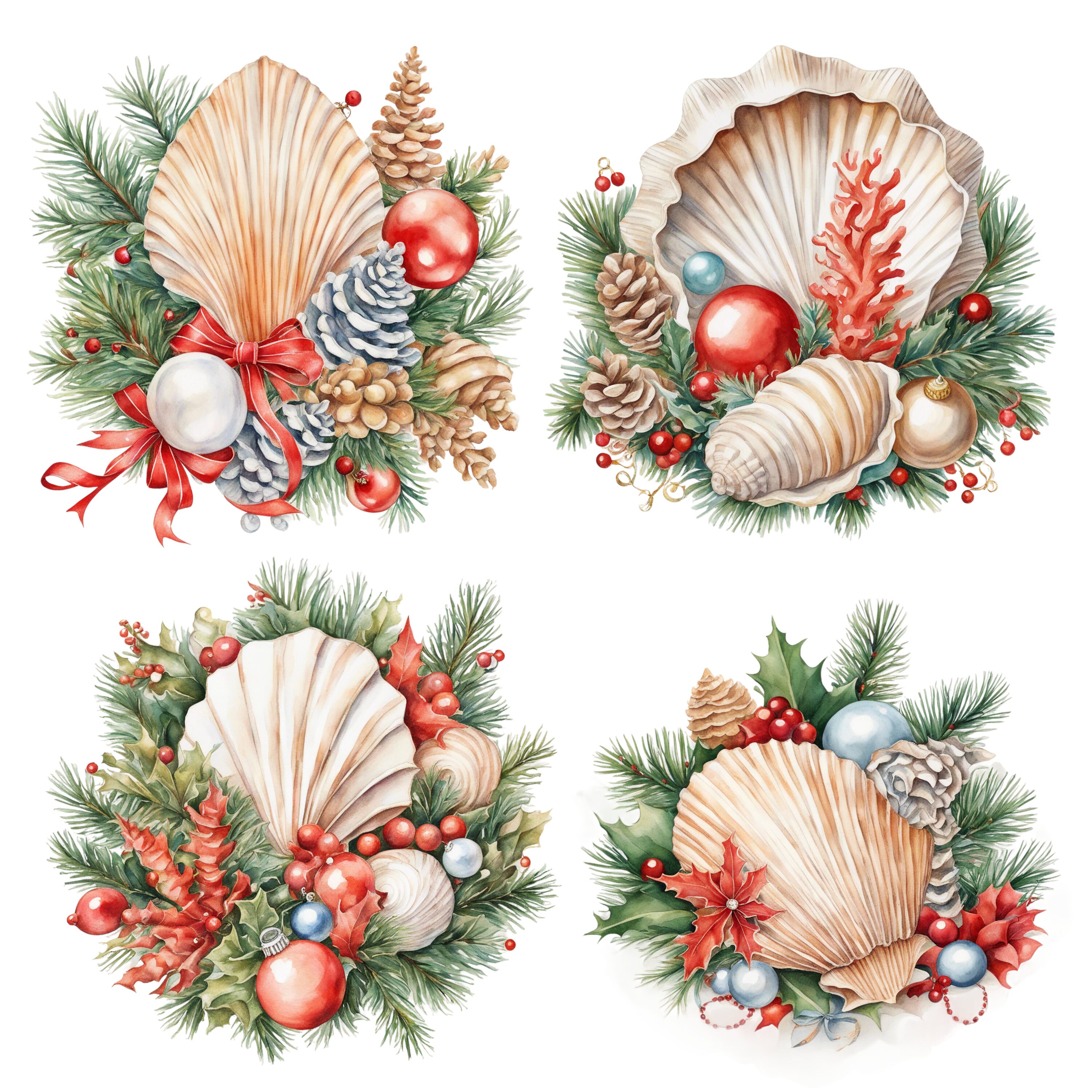 Coastal Christmas Seashells 35 Clipart PNG Watercolor Tropical Beach ...