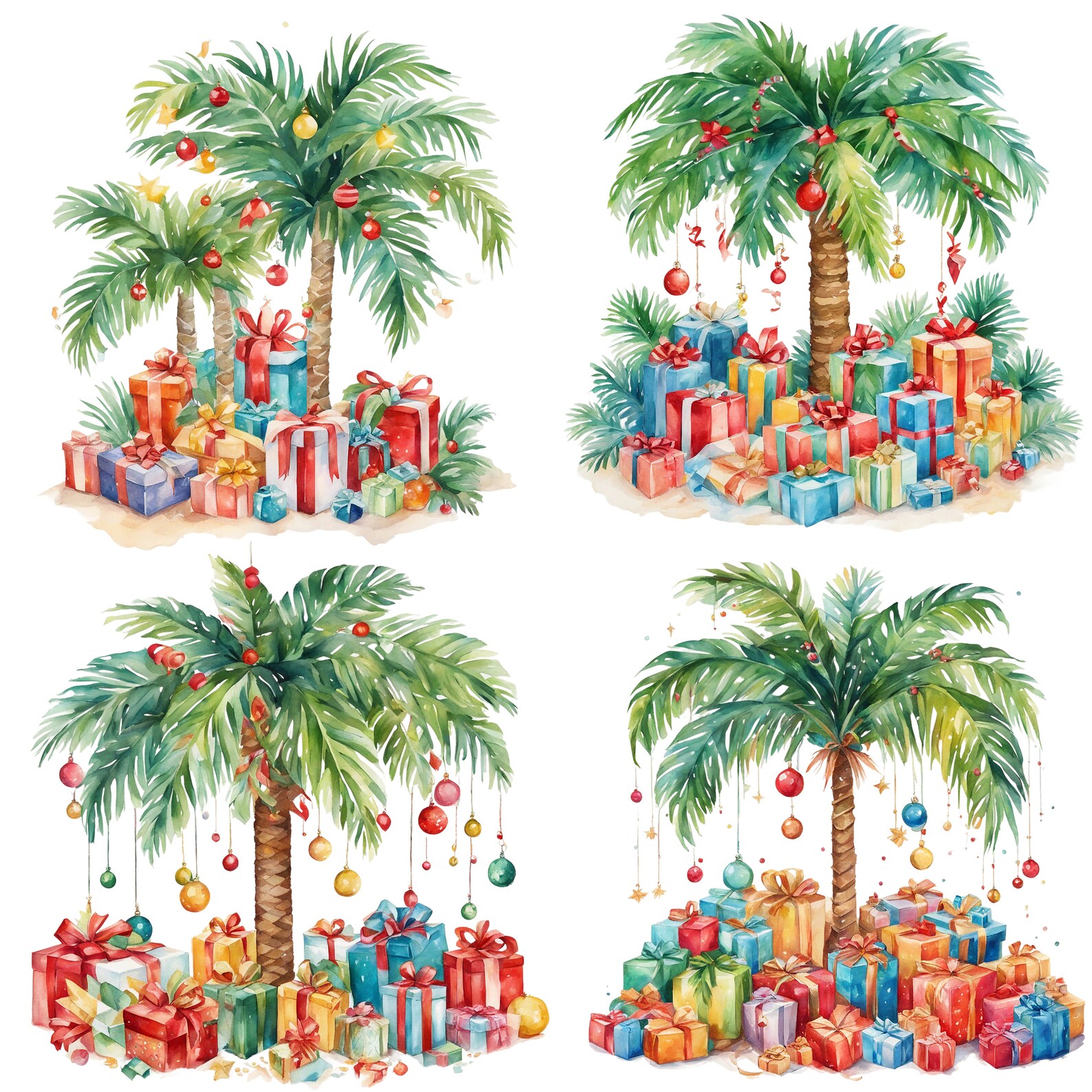 Tropical Christmas Watercolor Palm Tree Clipart PNG Palm Tree Beach ...