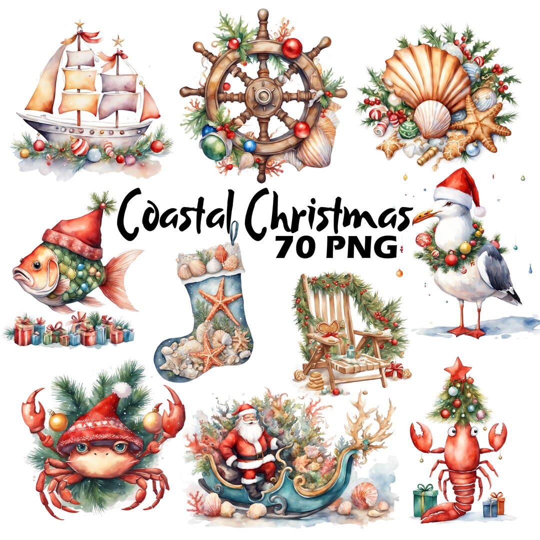 Beach Christmas Coastal Watercolor Clipart Bundle Nautical Christmas ...