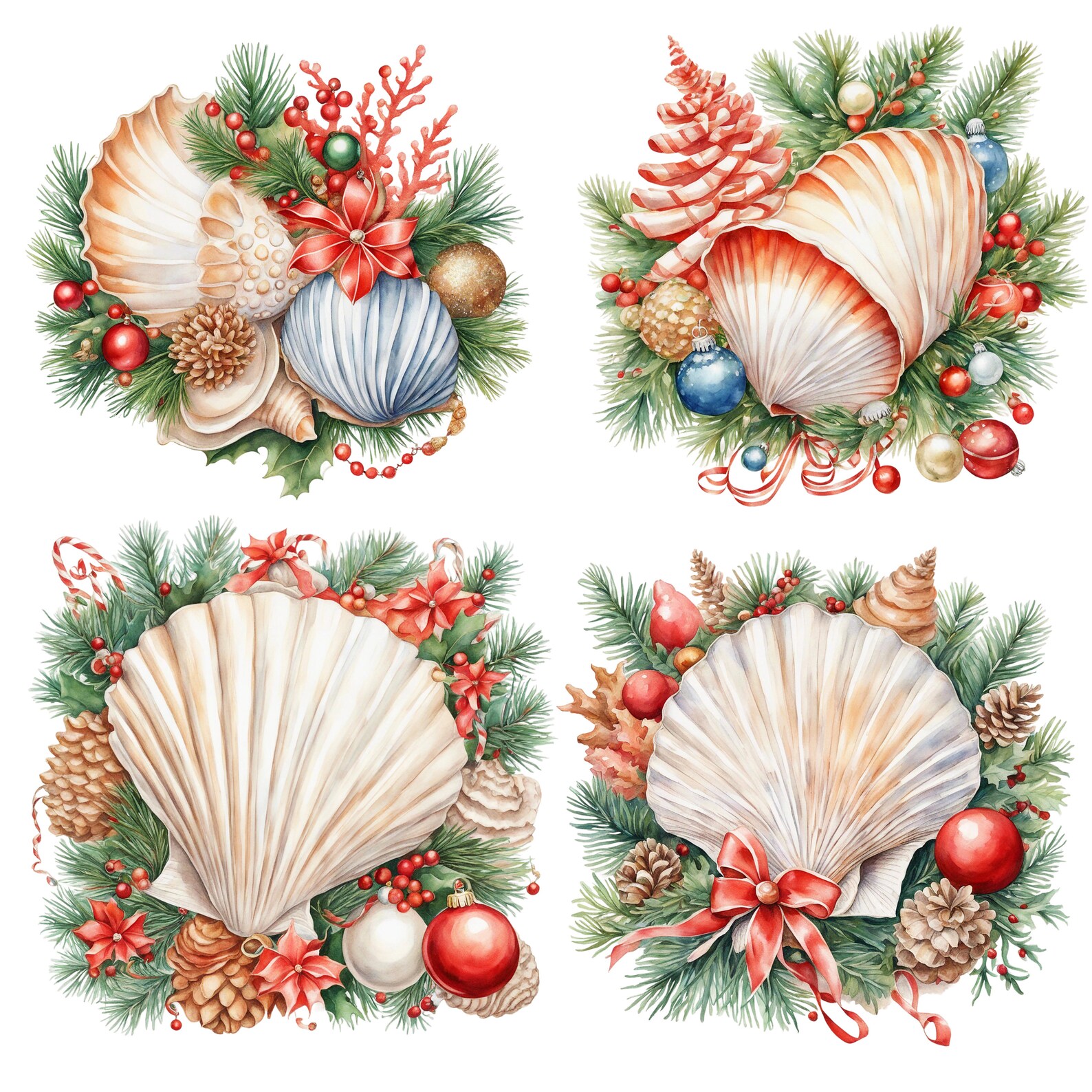 Coastal Christmas Seashells 35 Clipart PNG Watercolor Tropical Beach ...