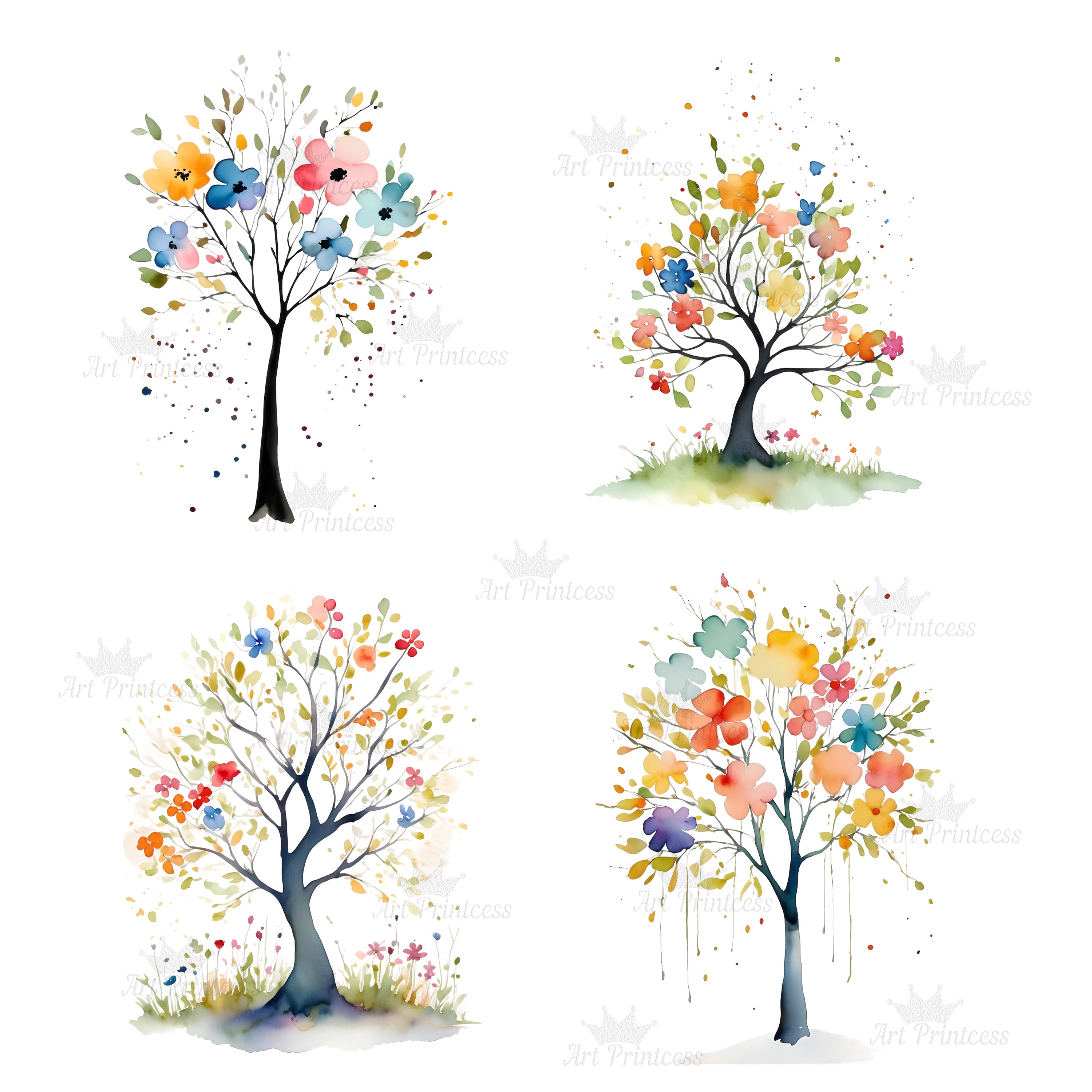 Watercolor Tree Clipart 40 Colorful Tree Pngs Abstract Floral Tree ...