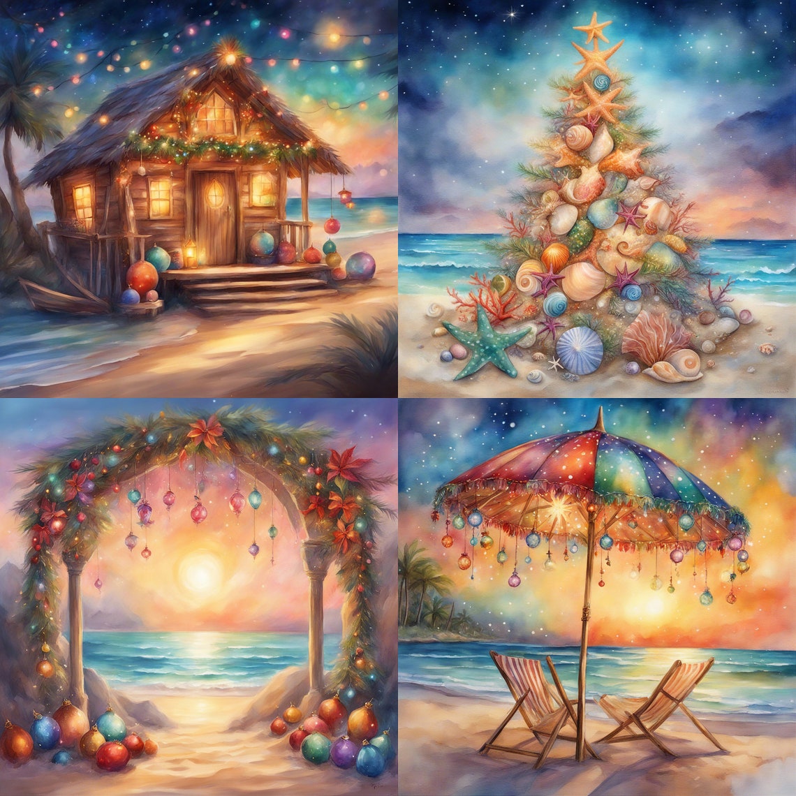 Christmas on the Beach Watercolor Clipart Coastal Christmas Digital ...