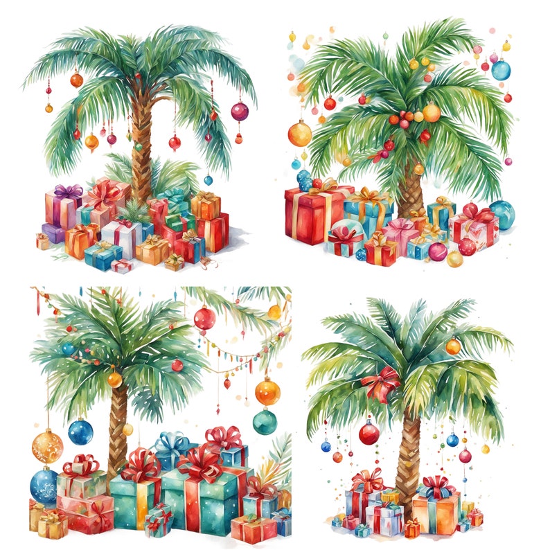 Tropical Christmas Watercolor Palm Tree Clipart PNG Palm Tree Beach ...