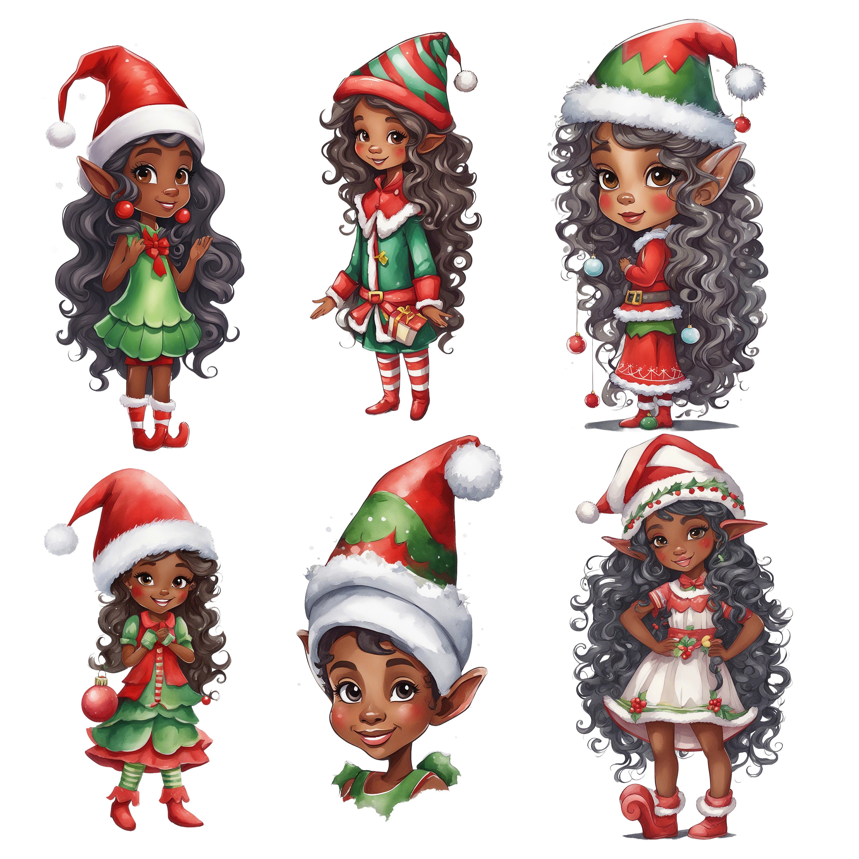 Afro American Elf Clipart PNG Dark Skin Christmas Elves Digital ...