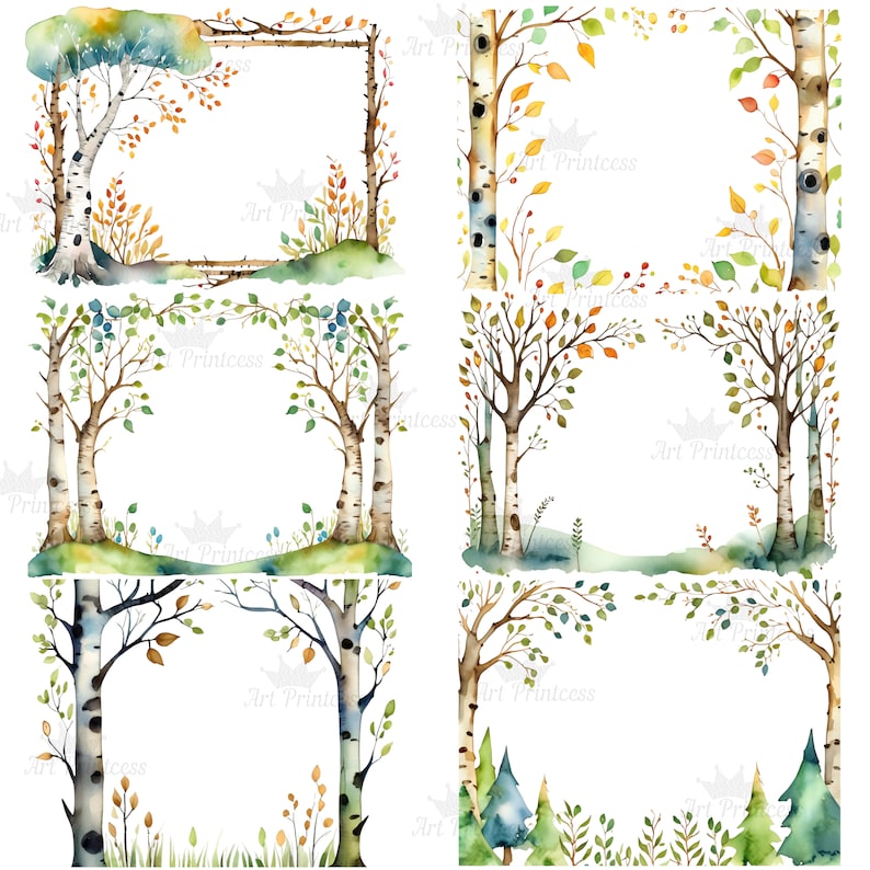 Watercolor Birch Tree Border Frames Clipart Birch Tree Borders ...