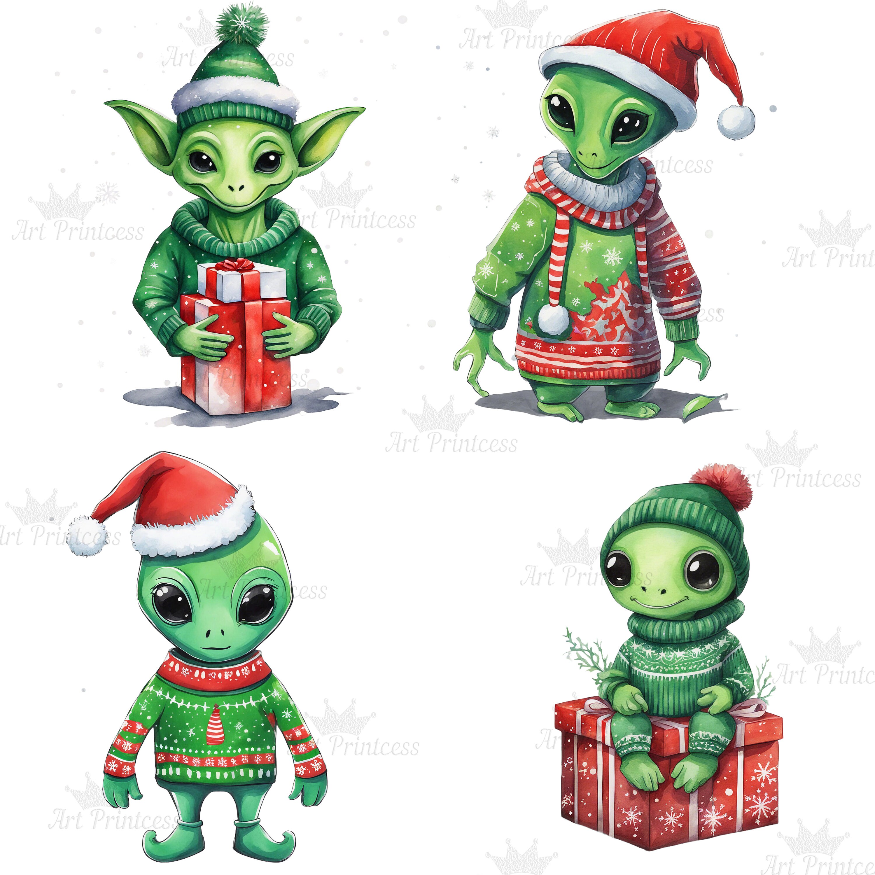 Christmas Aliens Watercolor Clipart PNG Festive Aliens Graphics Holiday ...