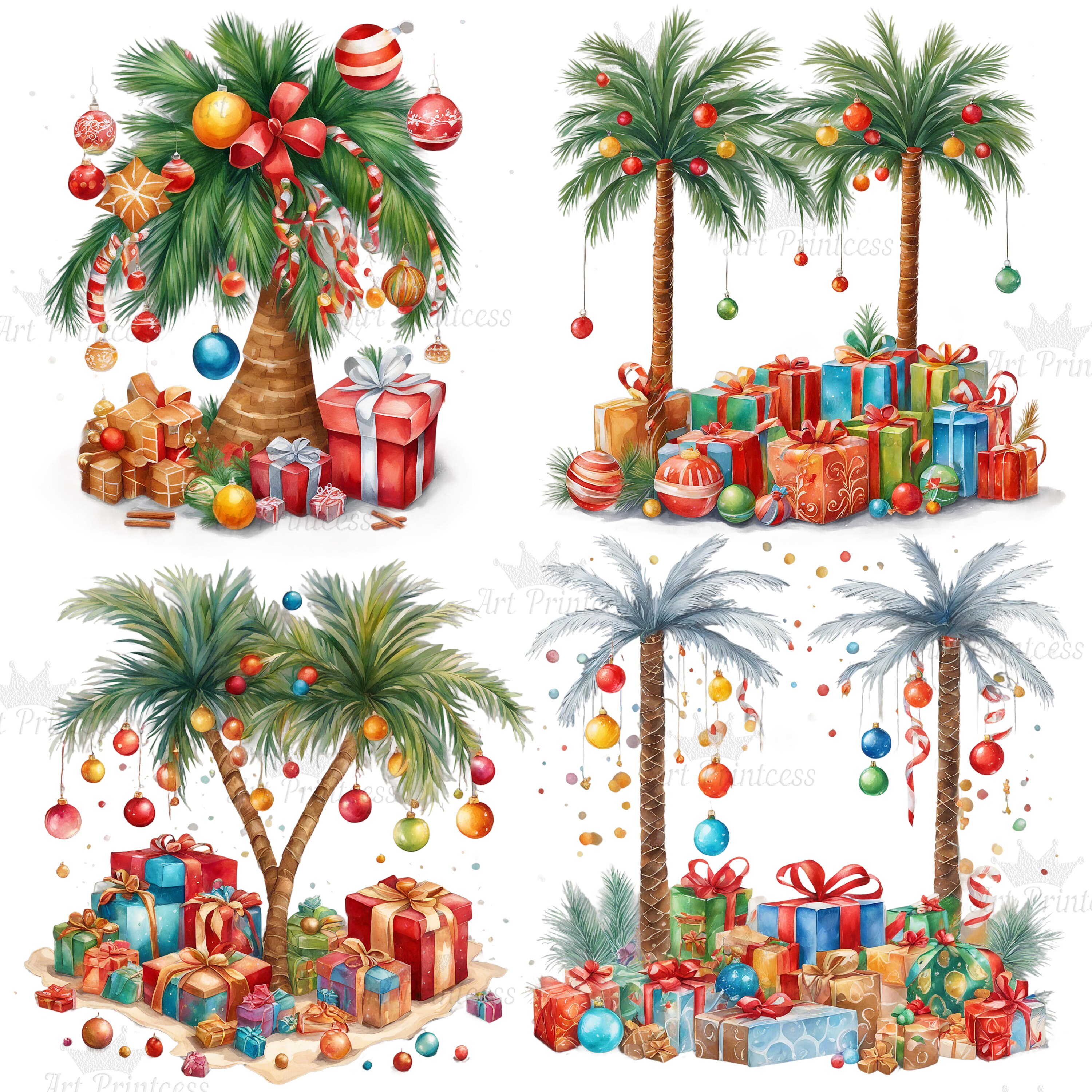 Tropical Christmas Watercolor Palm Tree Clipart PNG Palm Tree Beach ...
